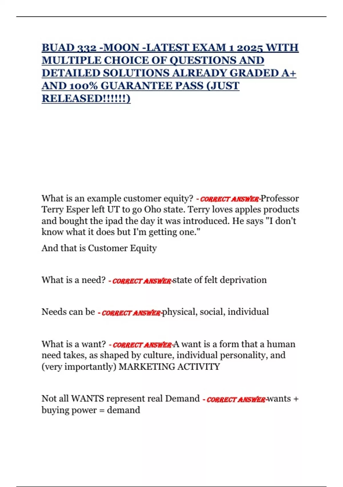 BUAD 332 -MOON -LATEST EXAM 1 2025 WITH MULTIPLE CHOICE OF QUESTIONS ...