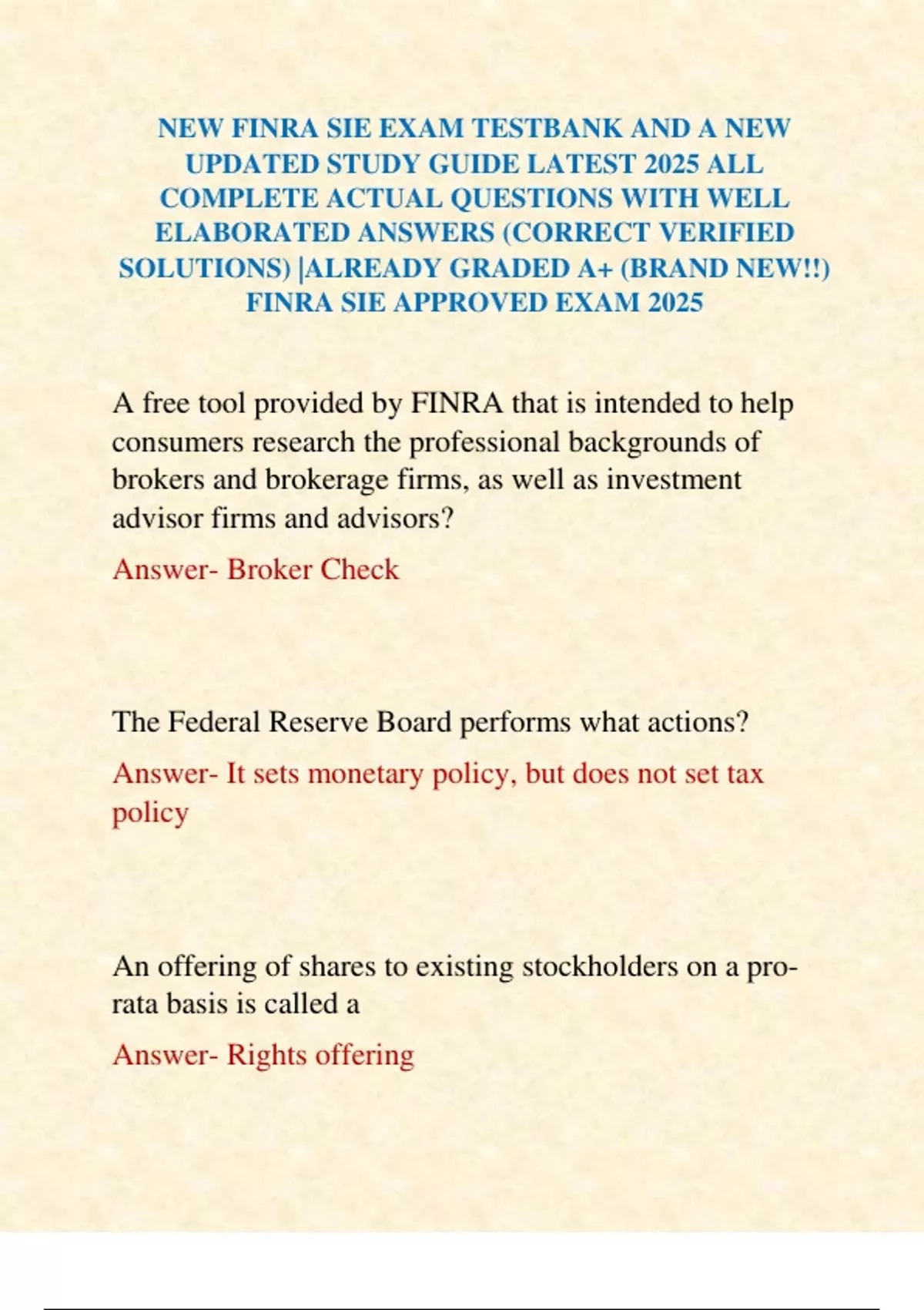 NEW FINRA SIE EXAM TESTBANK AND A NEW UPDATED STUDY GUIDE LATEST 2025 ...