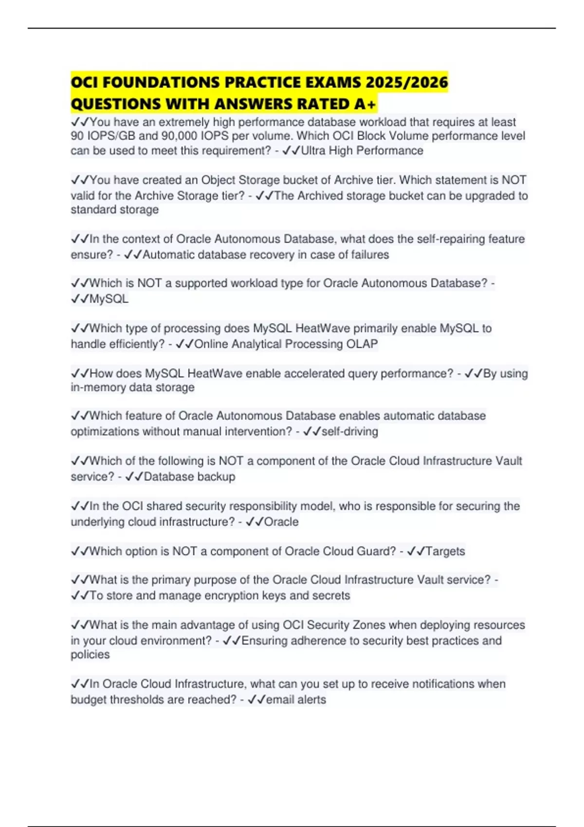 OCI FOUNDATIONS PRACTICE EXAMS 2025/2026 QUESTIONS WITH ANSWERS RATED A+ - OCI FOUNDATIONS ...