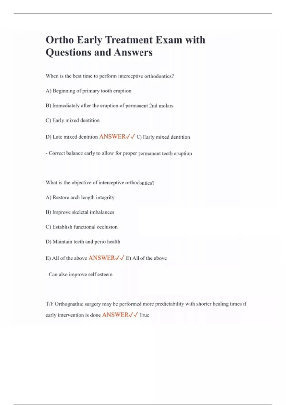 Ortho Early Treatment Exam with Questions and Answers - Ortho - Stuvia US