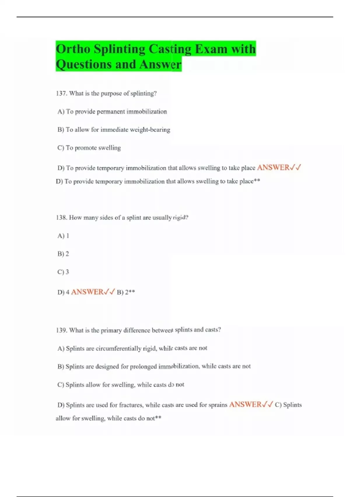 Ortho Splinting Casting Exam with Questions and Answer - Ortho - Stuvia US