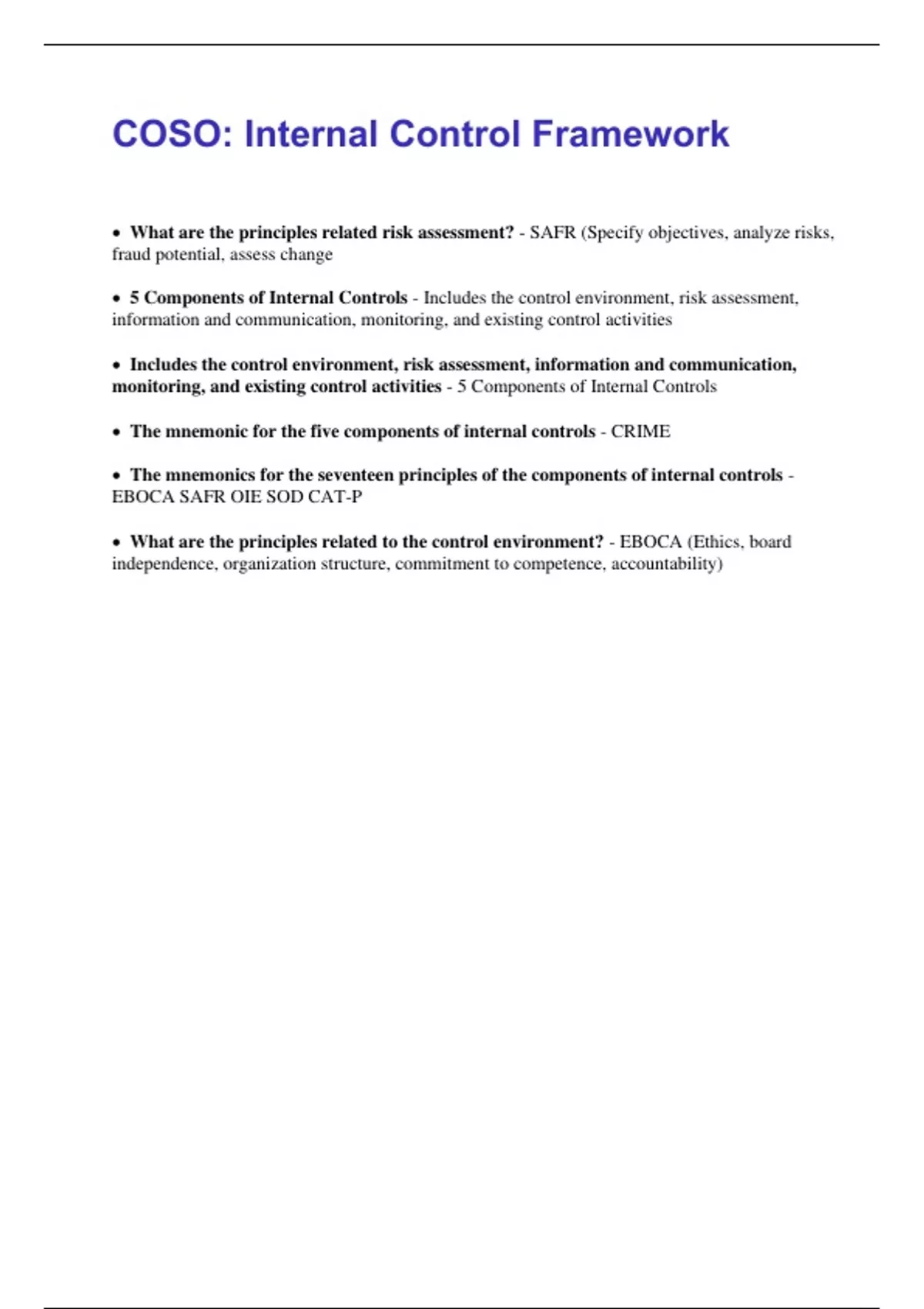COSO: Internal Control Framework Questions and Answers | Update | 100% ...