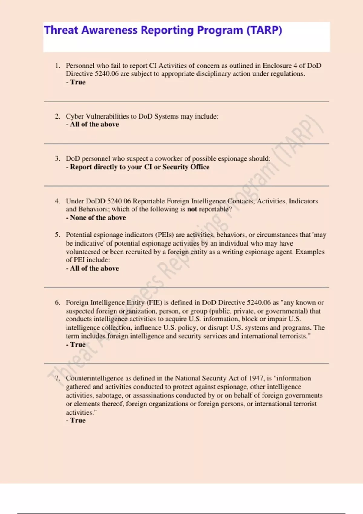 Threat Awareness Reporting Program (TARP) Questions and Answers ...