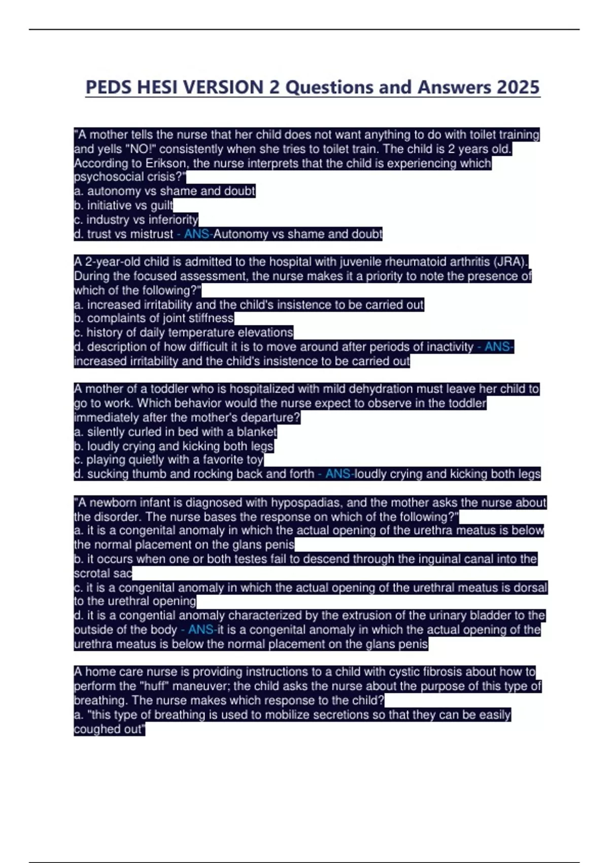 PEDS HESI VERSION 2 Questions and Answers 2025 - Hesi - Stuvia US