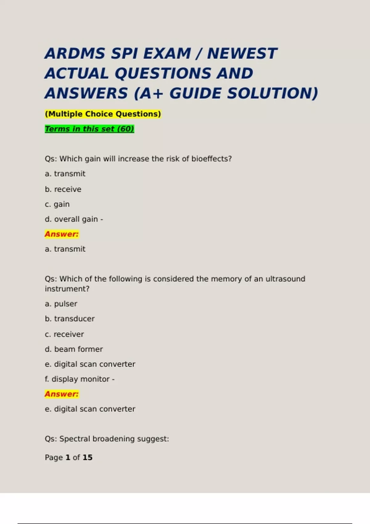 ARDMS SPI EXAM / NEWEST ACTUAL QUESTIONS AND ANSWERS (A+ GUIDE SOLUTION ...