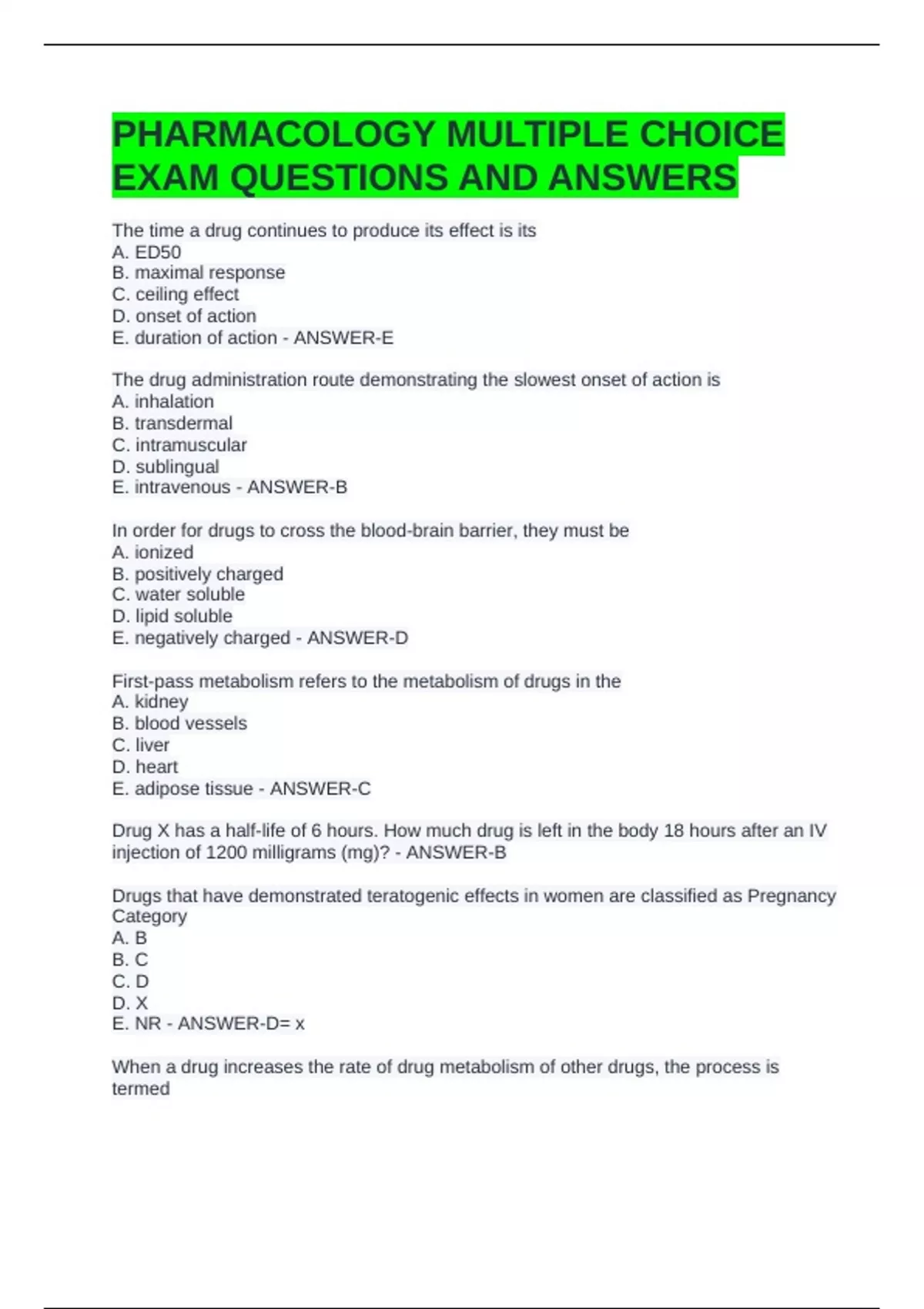 PHARMACOLOGY MULTIPLE CHOICE EXAM QUESTIONS AND ANSWERS ...