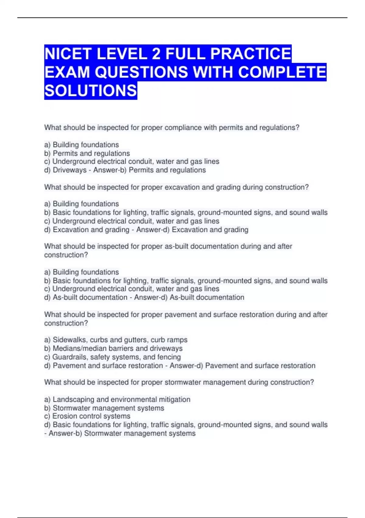 NICET LEVEL 2 FULL PRACTICE EXAM QUESTIONS WITH COMPLETE SOLUTIONS - NICET LEVEL 2 - Stuvia US