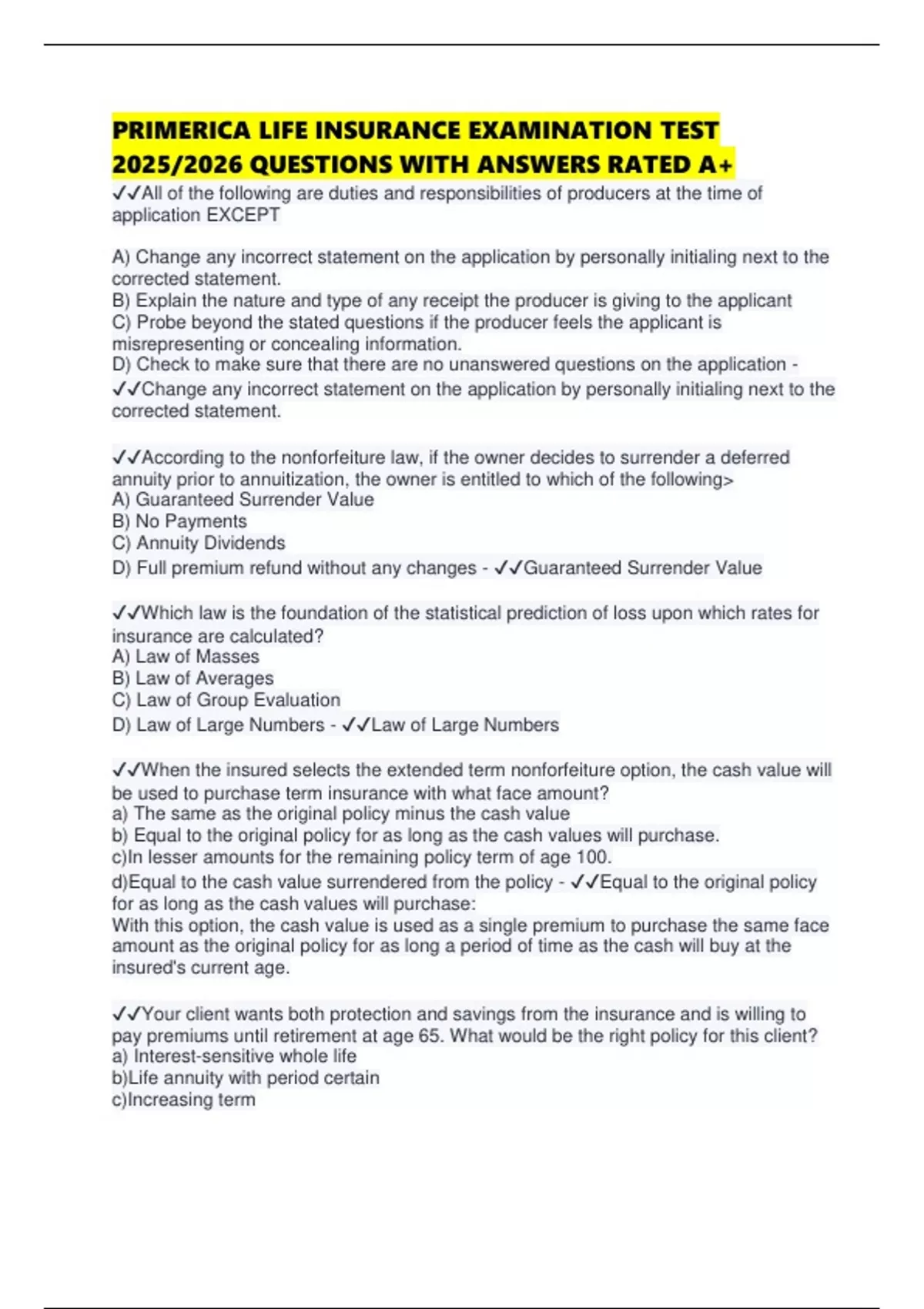 PRIMERICA LIFE INSURANCE EXAMINATION TEST 2025/2026 QUESTIONS WITH ...