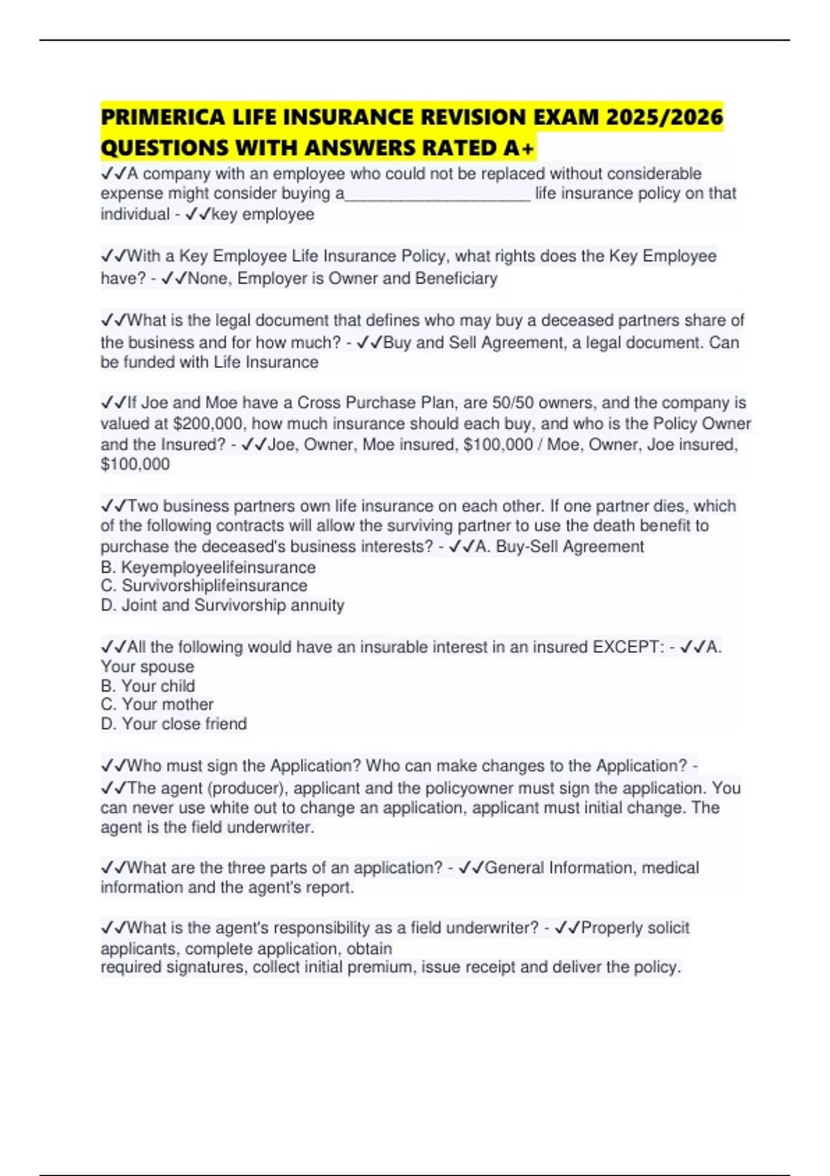 PRIMERICA LIFE INSURANCE REVISION EXAM 2025/2026 QUESTIONS WITH ANSWERS ...