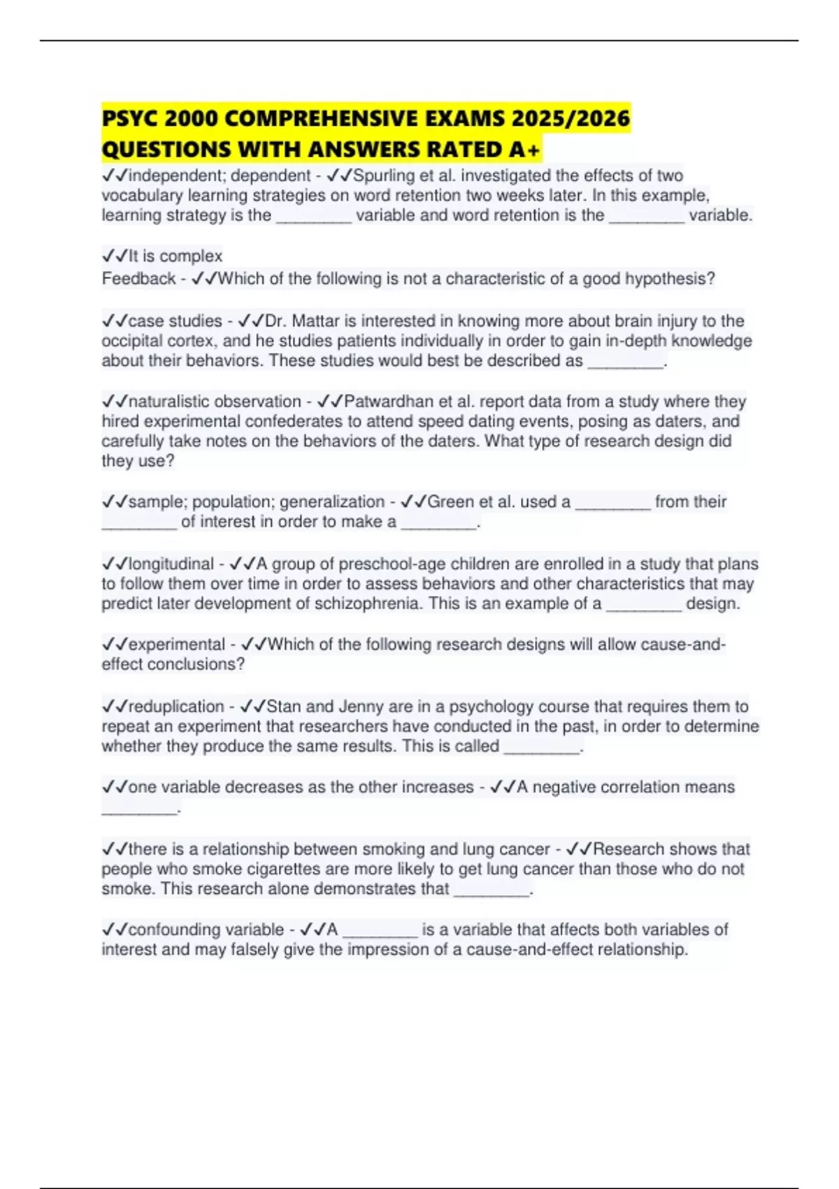 PSYC 2000 COMPREHENSIVE EXAMS 2025/2026 QUESTIONS WITH ANSWERS RATED A+ ...