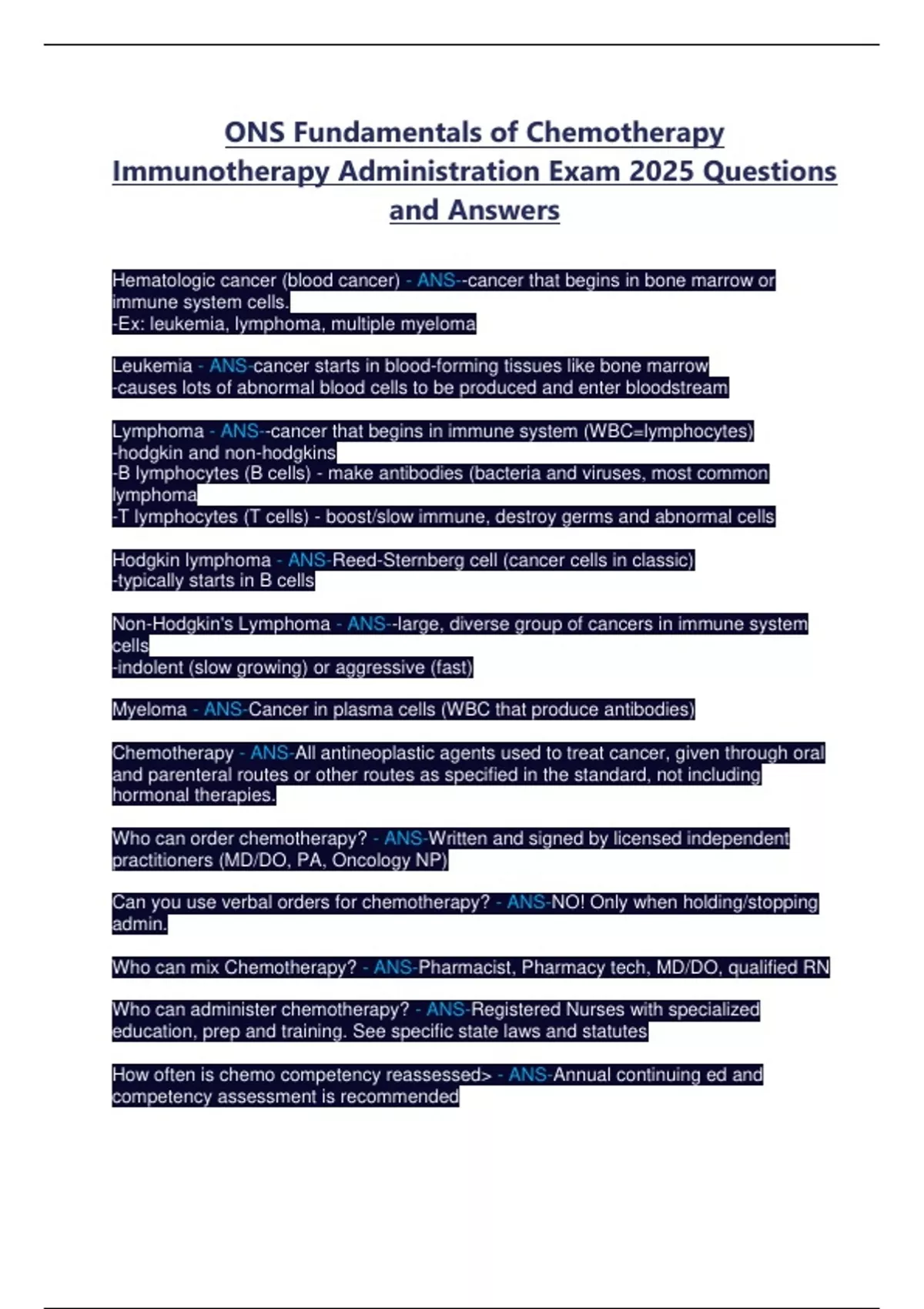 ONS Fundamentals of Chemotherapy Immunotherapy Administration Exam 2025 ...