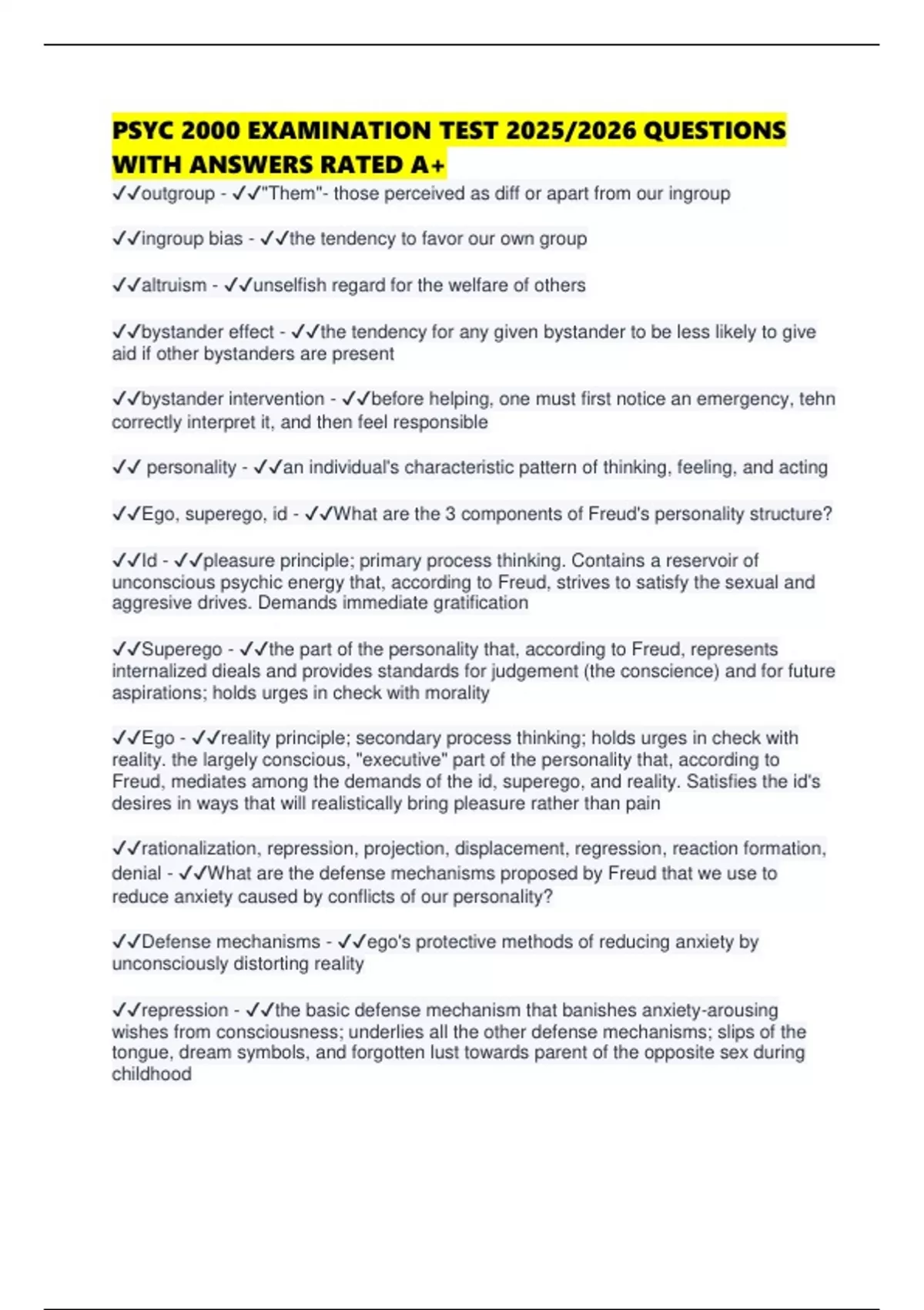 PSYC 2000 EXAMINATION TEST 2025/2026 QUESTIONS WITH ANSWERS RATED A+ ...