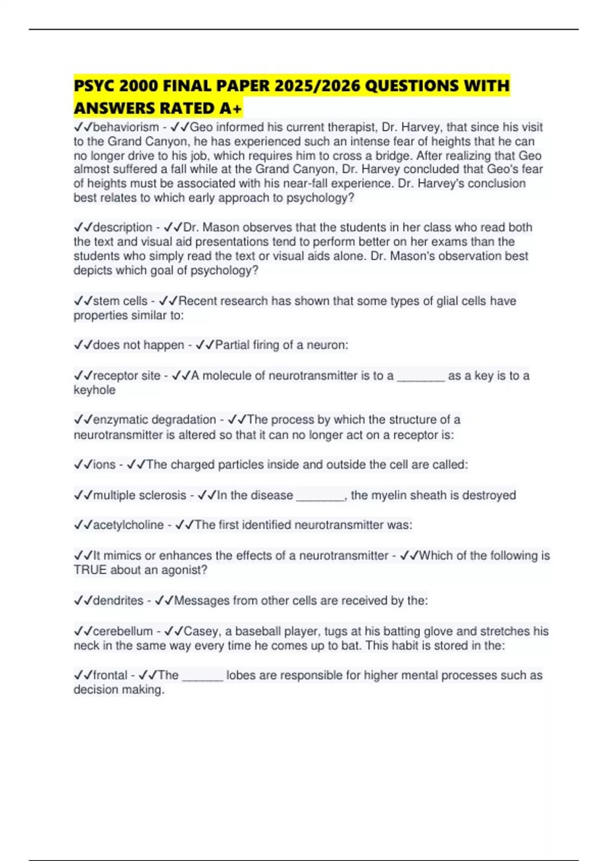 PSYC 2000 FINAL PAPER 2025/2026 QUESTIONS WITH ANSWERS RATED A+ - PSYC ...