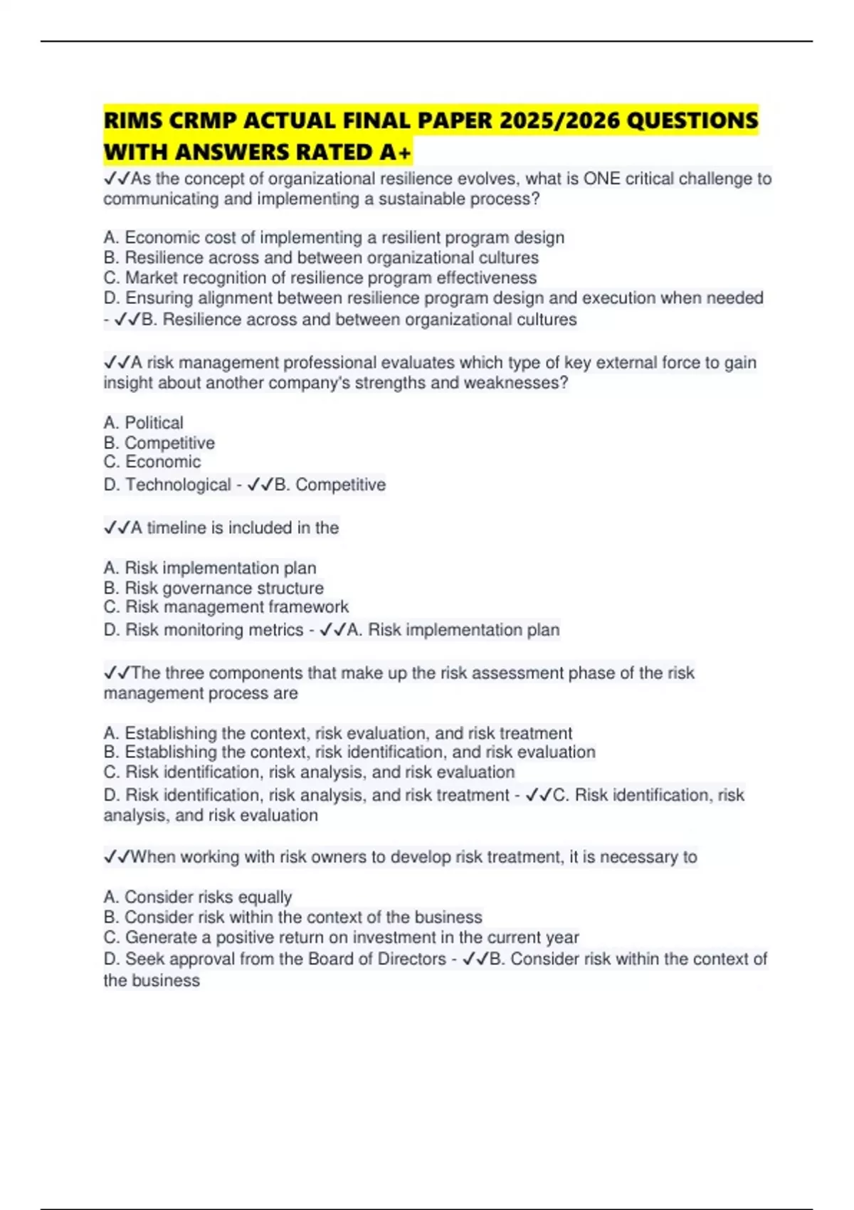 RIMS CRMP ACTUAL FINAL PAPER 2025/2026 QUESTIONS WITH ANSWERS RATED A+ ...