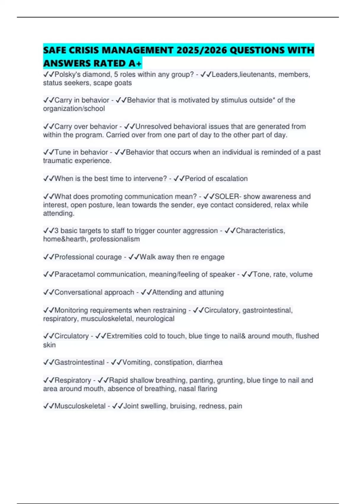 SAFE CRISIS MANAGEMENT 2025/2026 QUESTIONS WITH ANSWERS RATED A+ - Safe ...