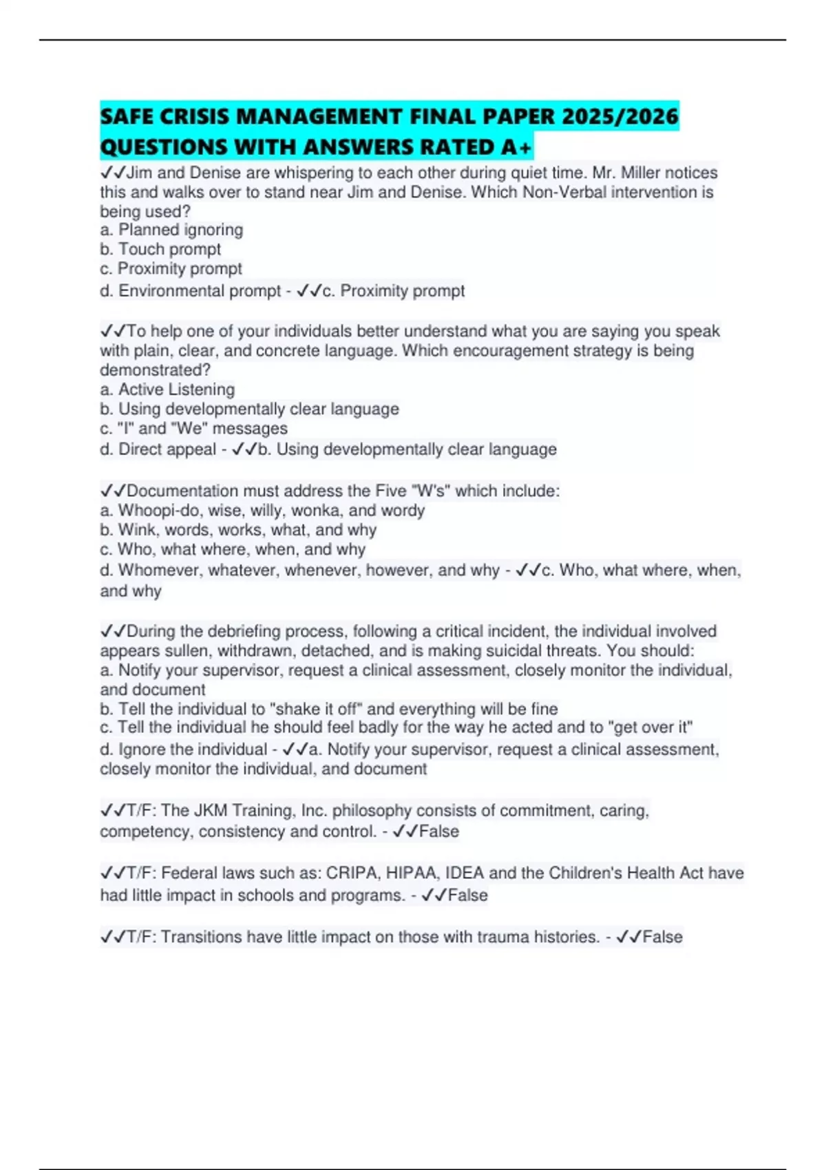SAFE CRISIS MANAGEMENT FINAL PAPER 2025/2026 QUESTIONS WITH ANSWERS ...