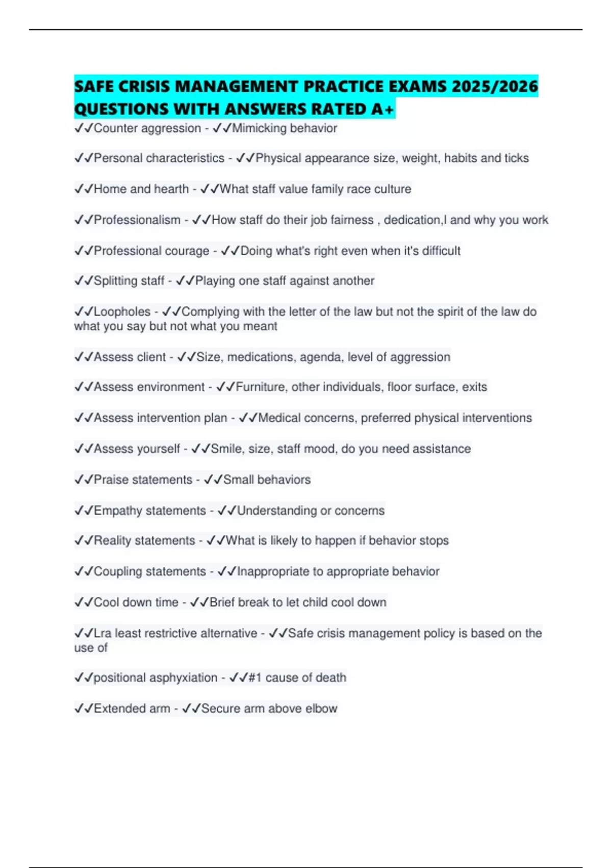 SAFE CRISIS MANAGEMENT PRACTICE EXAMS 2025/2026 QUESTIONS WITH ANSWERS ...