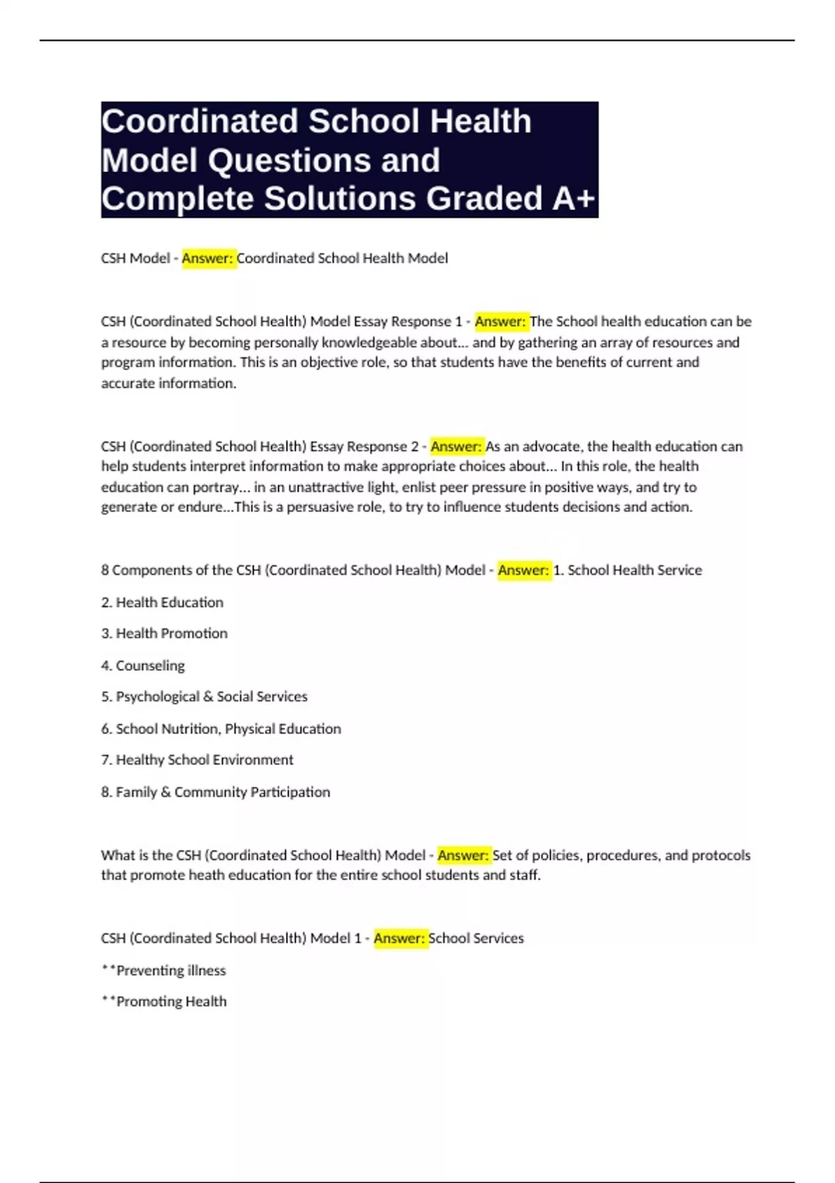 Coordinated School Health Model Questions and Complete Solutions Graded ...