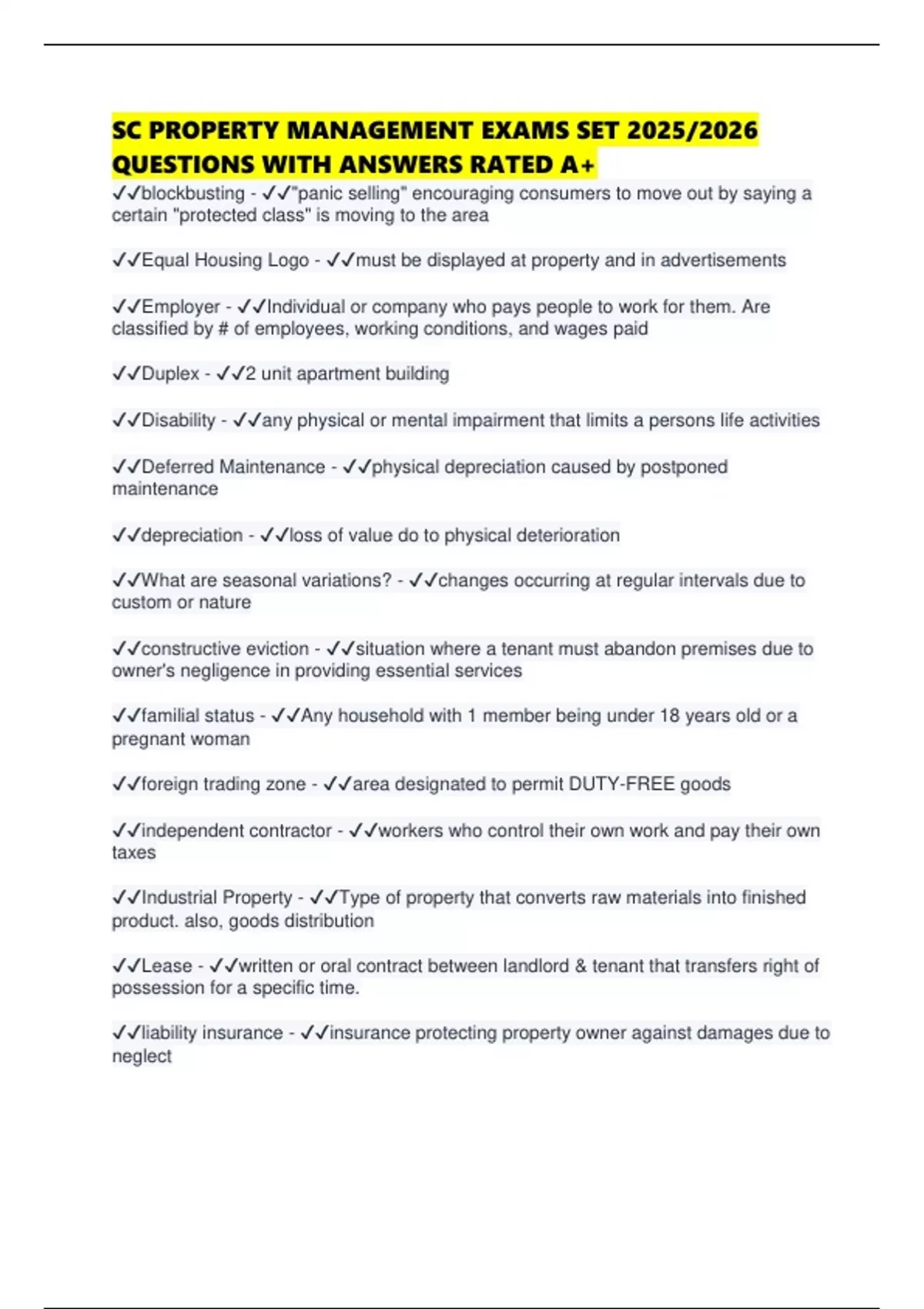 SC PROPERTY MANAGEMENT EXAMS SET 2025/2026 QUESTIONS WITH ANSWERS RATED ...