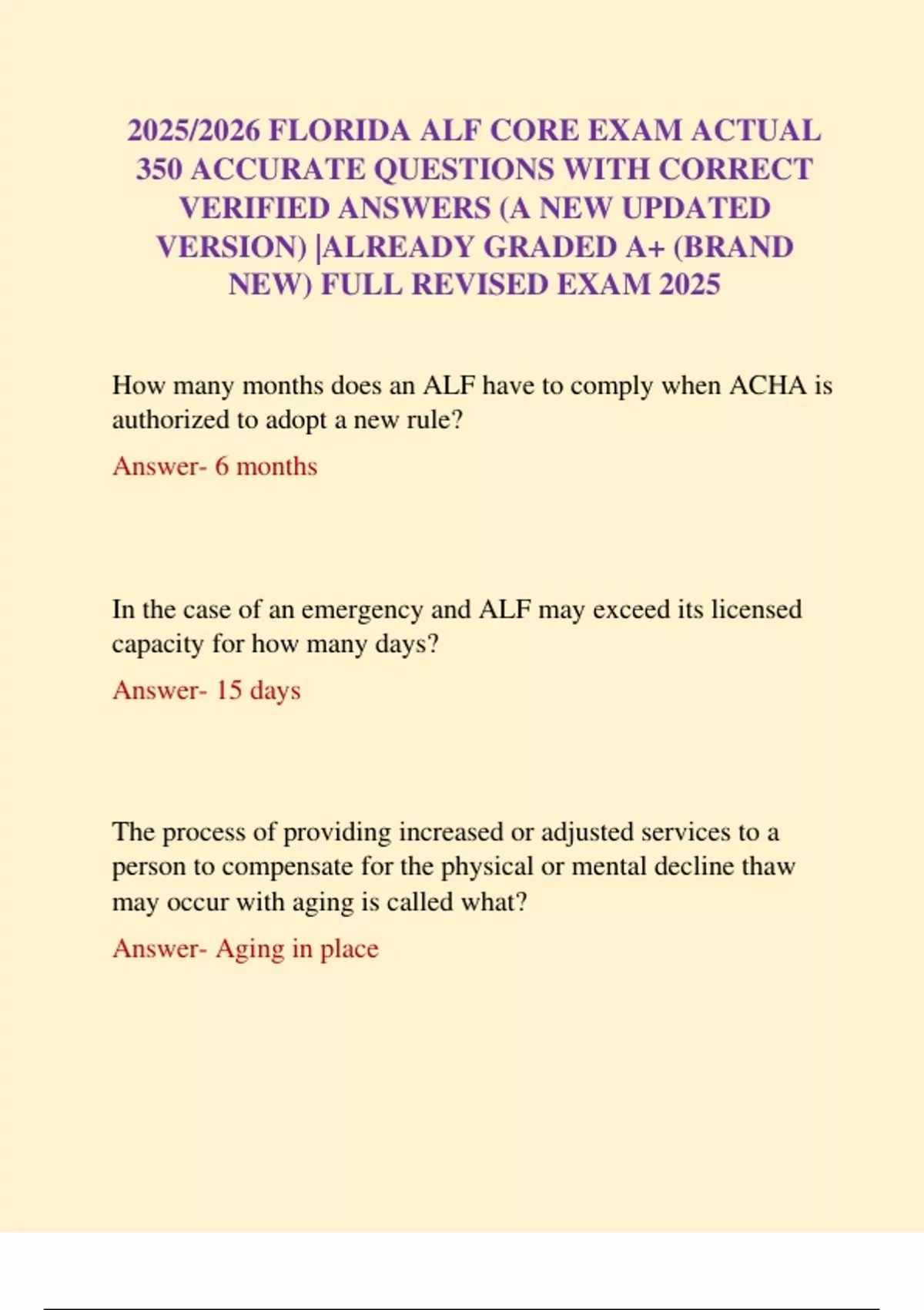 2025/2026 FLORIDA ALF CORE EXAM ACTUAL 350 ACCURATE QUESTIONS WITH ...