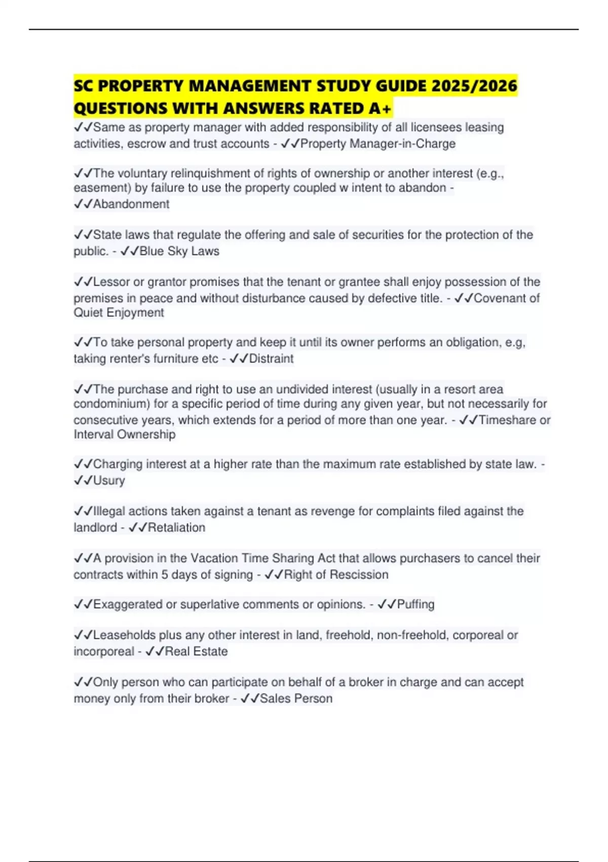 SC PROPERTY MANAGEMENT STUDY GUIDE 2025/2026 QUESTIONS WITH ANSWERS ...