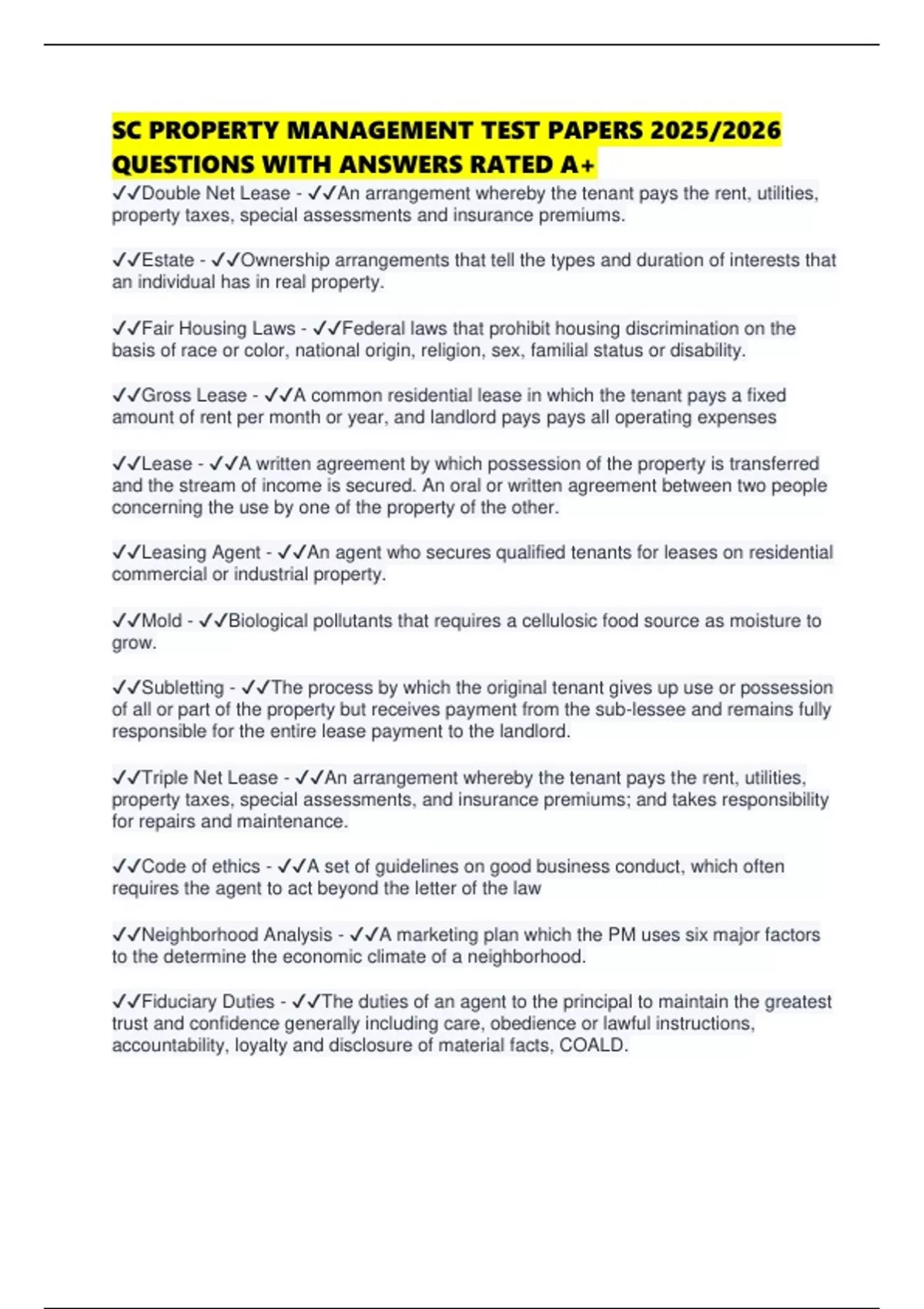 SC PROPERTY MANAGEMENT TEST PAPERS 2025/2026 QUESTIONS WITH ANSWERS ...