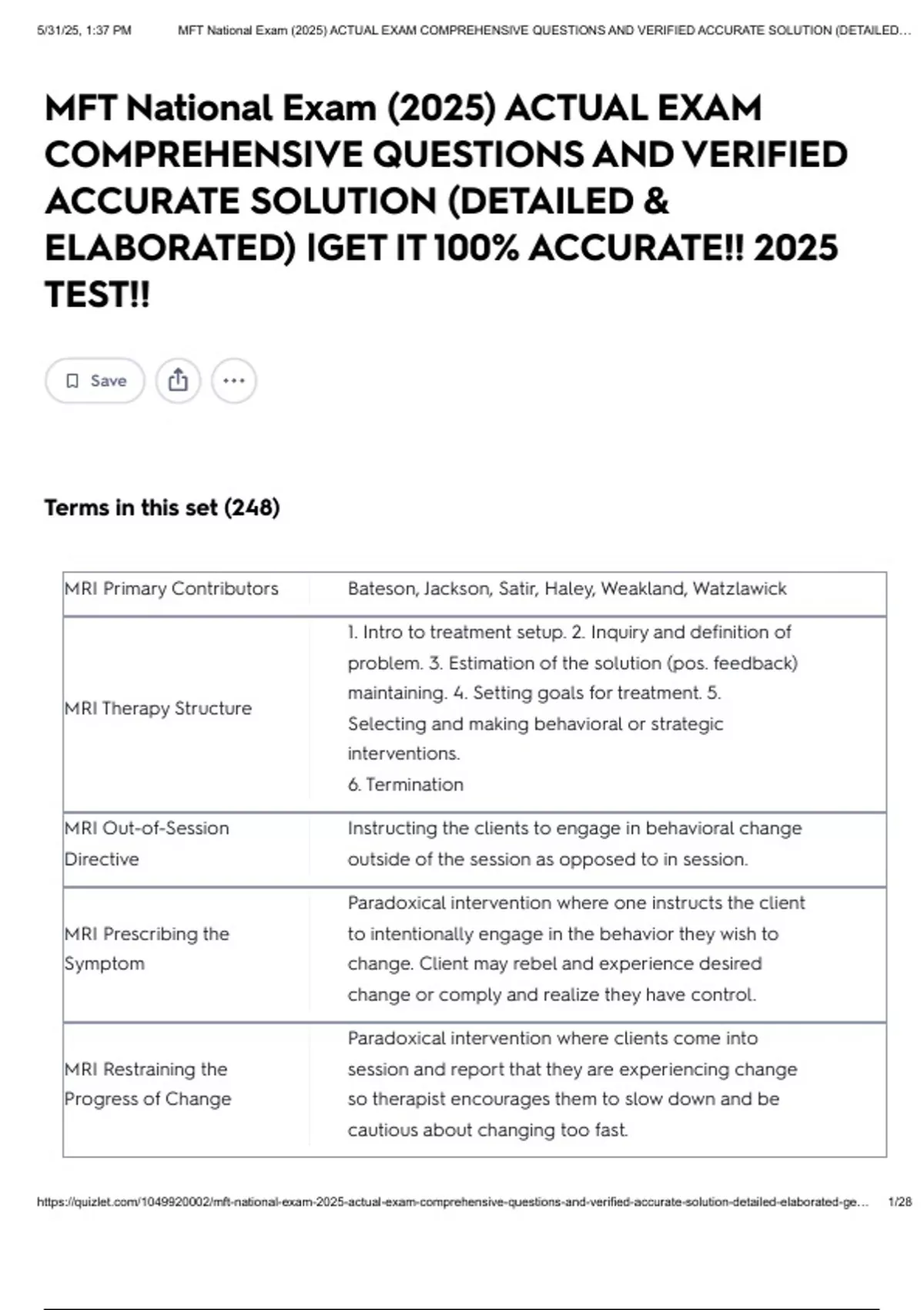 MFT National Exam (2025) ACTUAL EXAM COMPREHENSIVE QUESTIONS AND ...