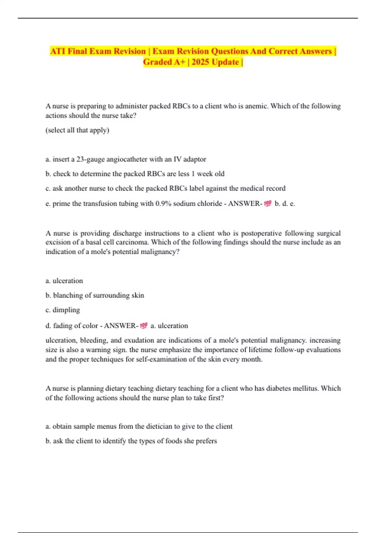 ATI Final Exam Revision | Exam Revision Questions And Correct Answers ...