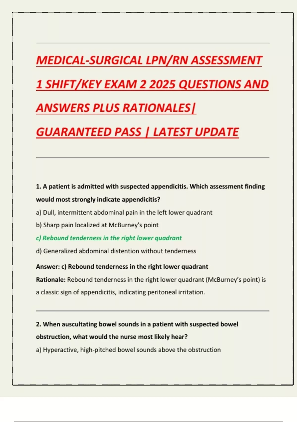 MEDICAL-SURGICAL LPN/RN ASSESSMENT 1 SHIFT/KEY EXAM 2 2025 QUESTIONS ...