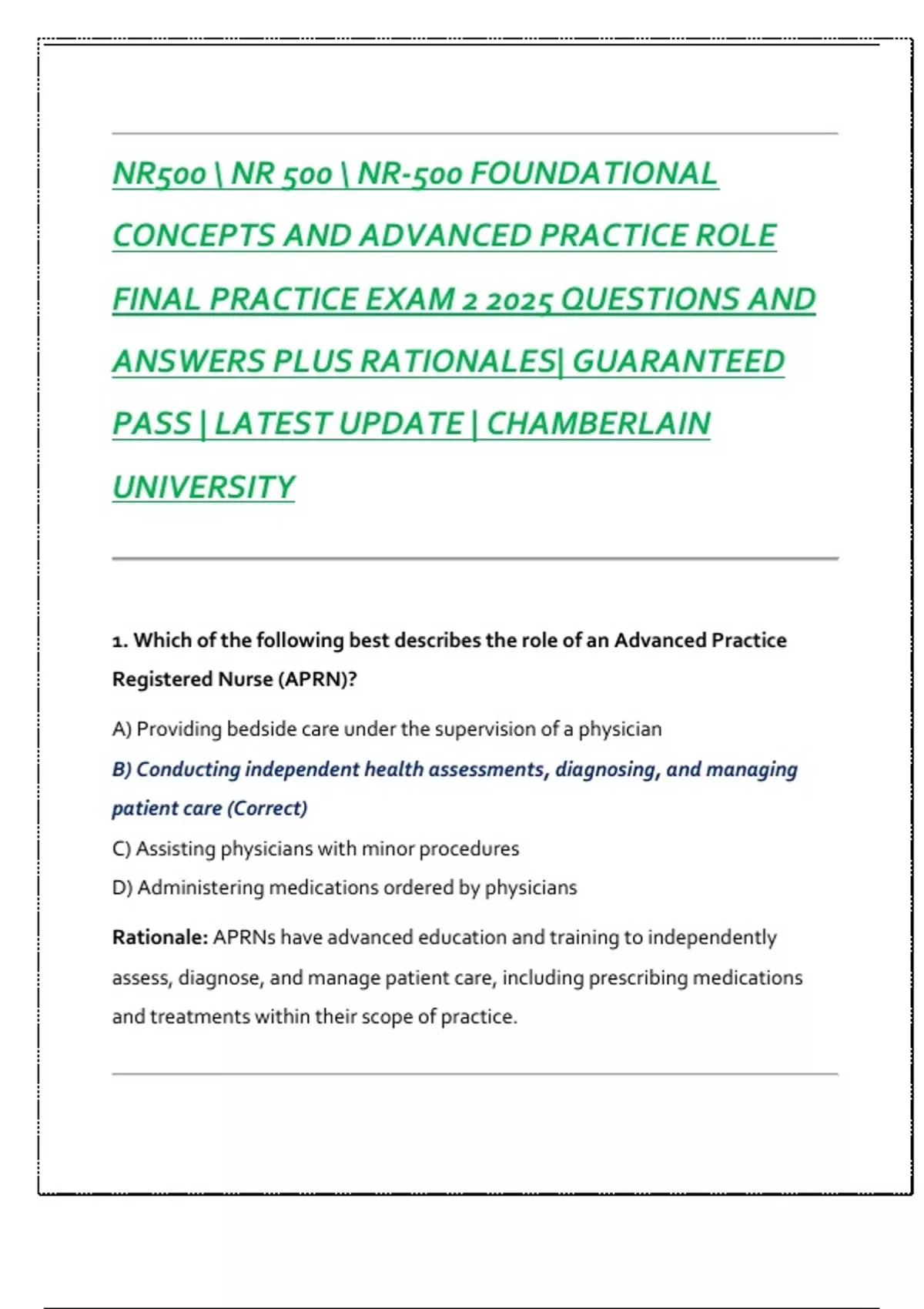 NR500 NR 500 NR-500 FOUNDATIONAL CONCEPTS AND ADVANCED PRACTICE ROLE ...