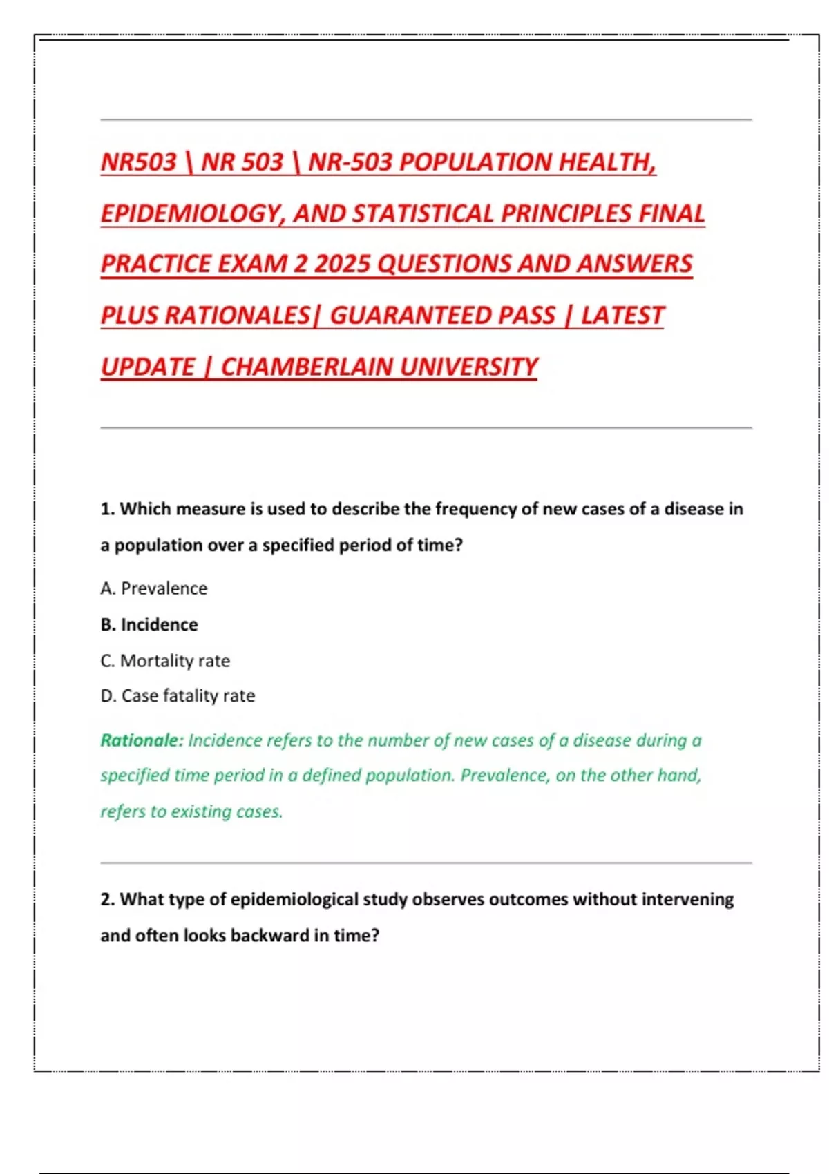 NR503 NR 503 NR-503 POPULATION HEALTH, EPIDEMIOLOGY, AND STATISTICAL ...