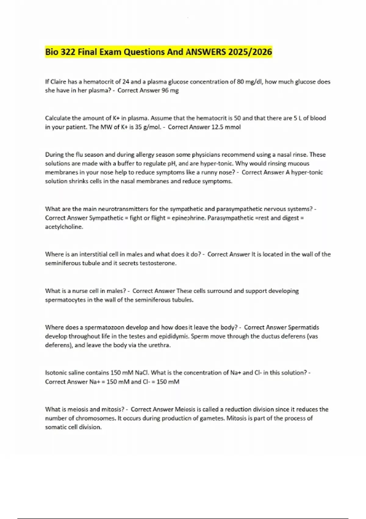 Bio 322 Final Exam Questions And ANSWERS 2025/2026 - BIO 322 GCU ...