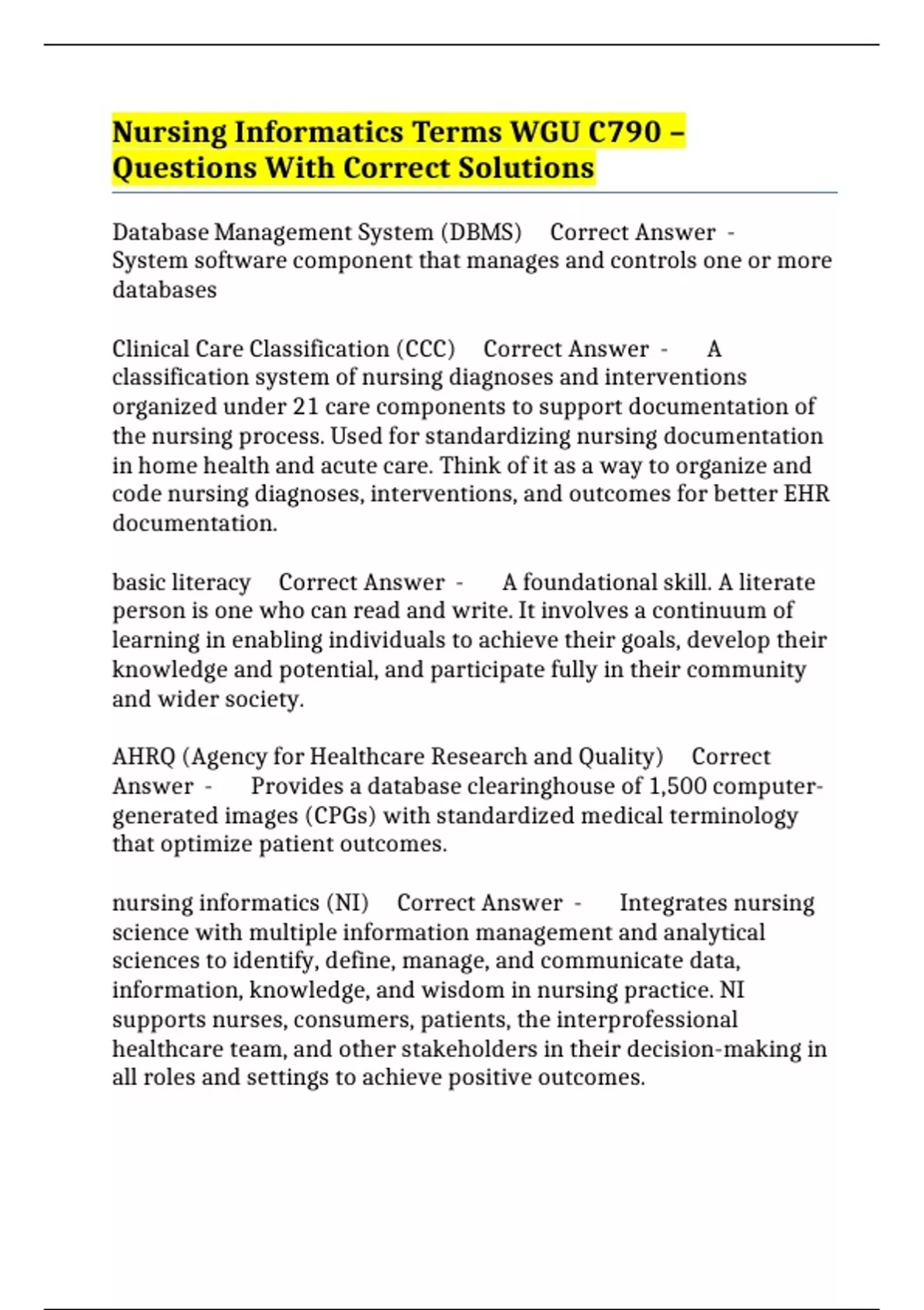 Nursing Informatics Terms WGU C790 – Questions With Correct Solutions ...