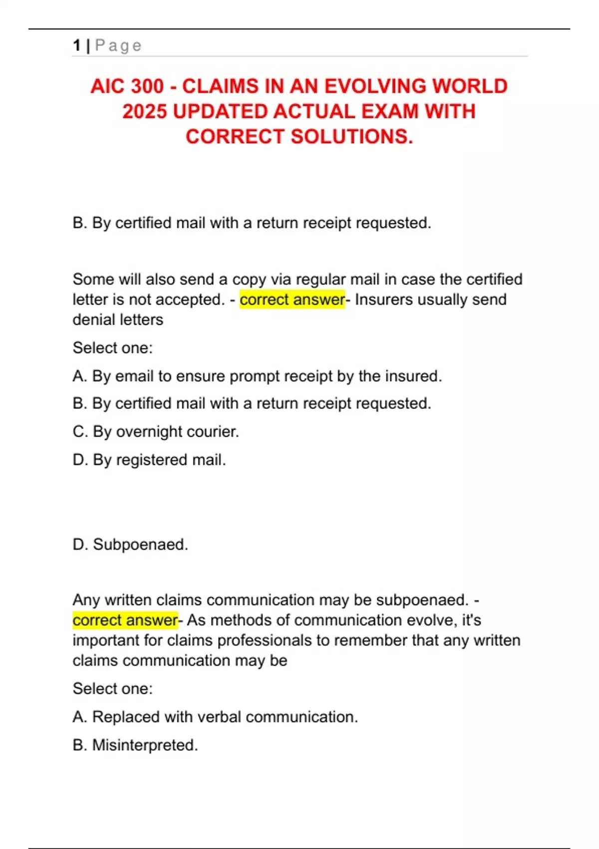AIC 300 - Claims in an Evolving World (2025) – Updated Actual Exam with ...