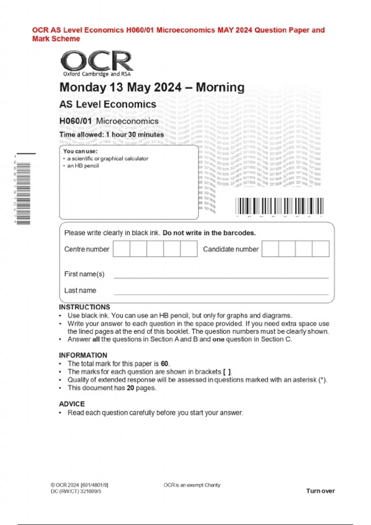 OCR AS Level Economics H060/01 Microeconomics MAY 2024 Question Paper ...