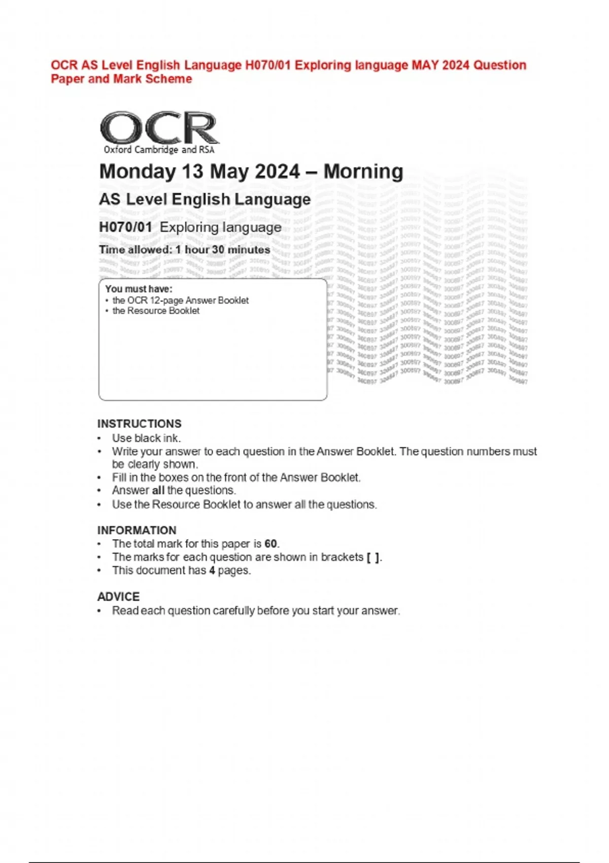 OCR AS Level English Language H070/01 Exploring language MAY 2024 Question Paper and Mark Scheme ...