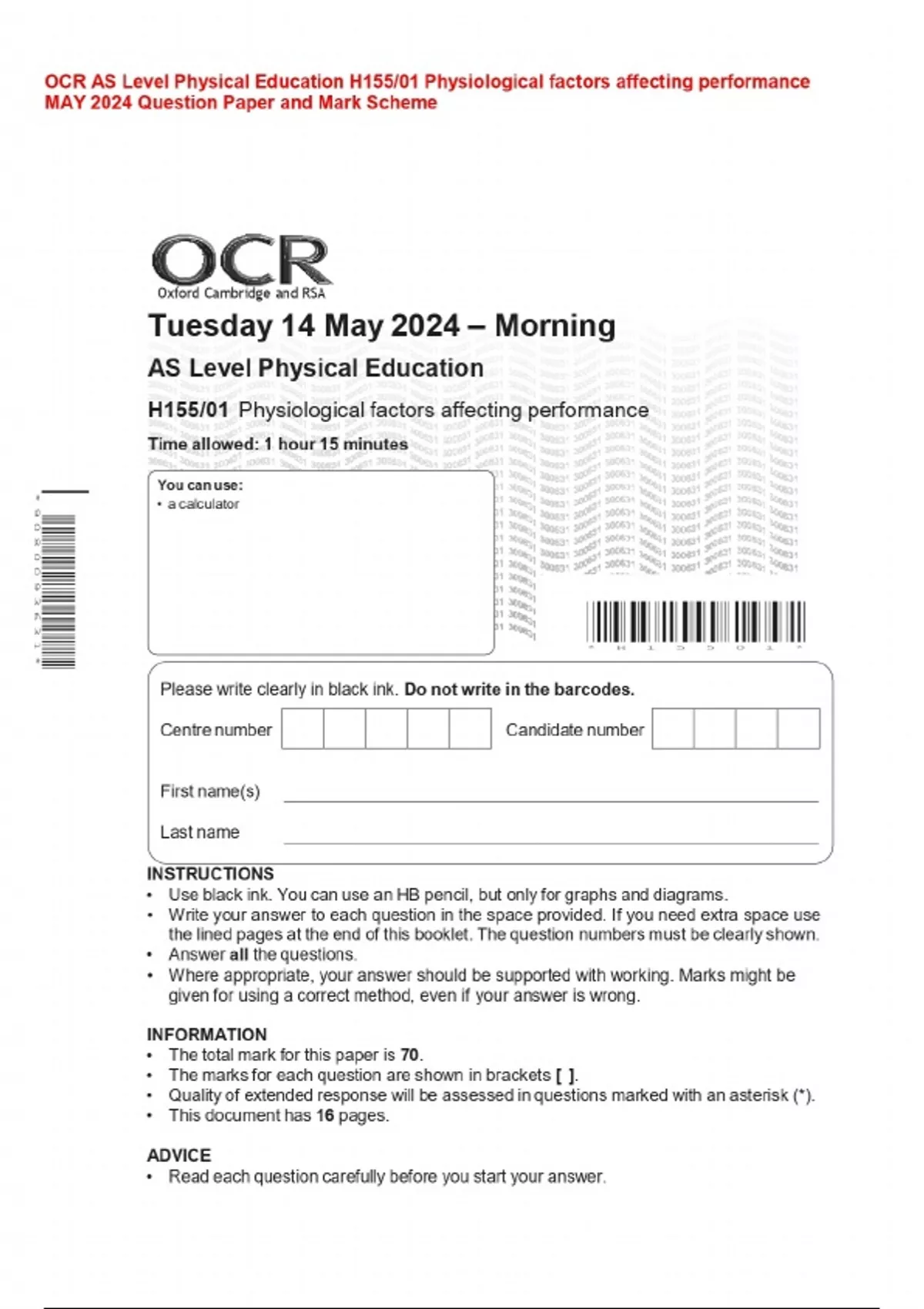 BUNDLE :::OCR AS Level Physical Education Question Paper with Mark ...