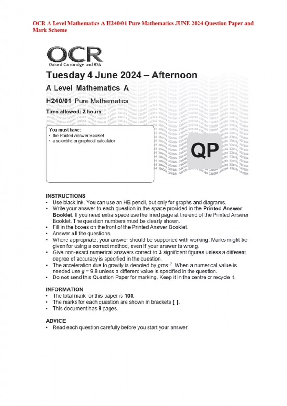 OCR A Level Mathematics A H240/01 Pure Mathematics JUNE 2024 Question Paper and Mark Scheme ...