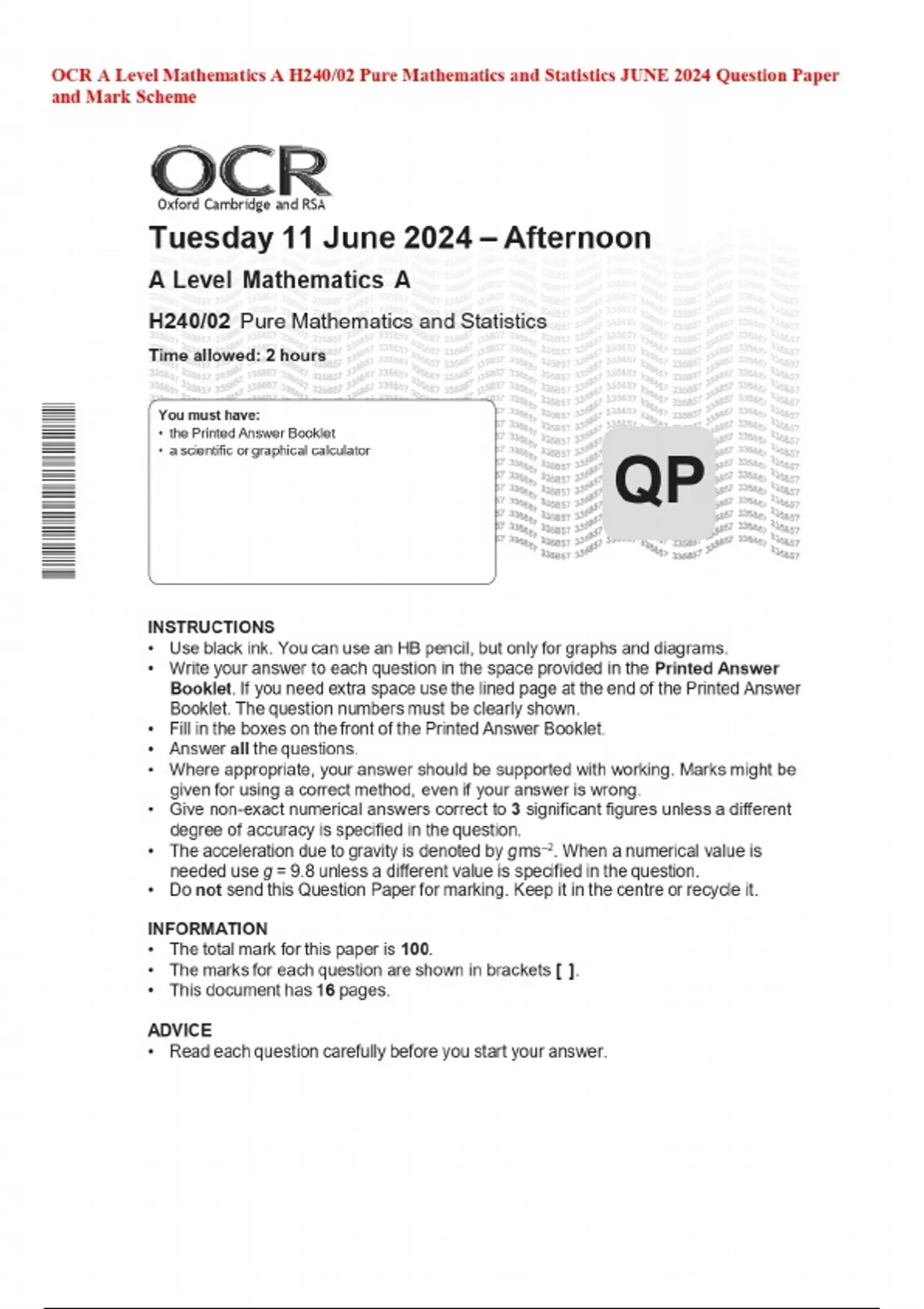 OCR A Level Mathematics A H240/02 Pure Mathematics and Statistics JUNE ...