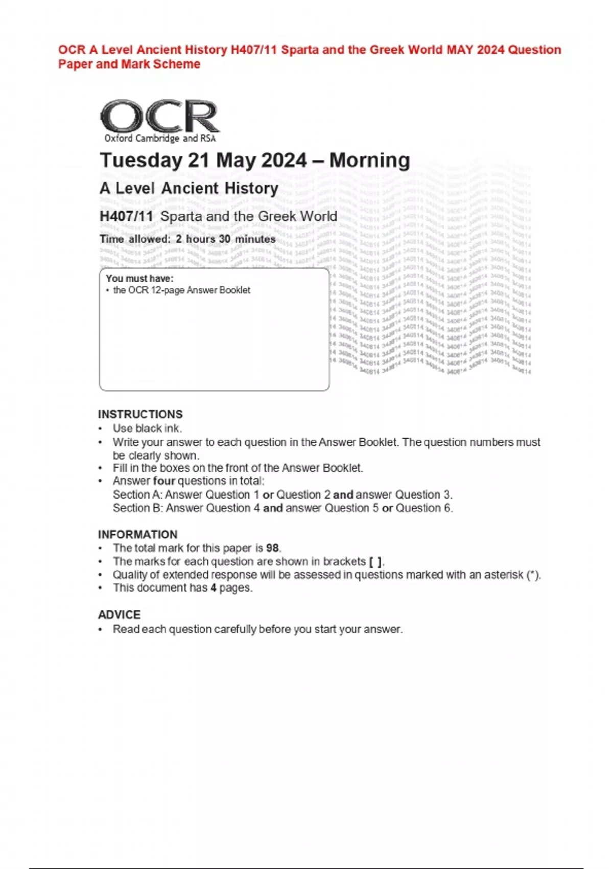 OCR A Level Ancient History H407/11 Sparta and the Greek World MAY 2024 ...