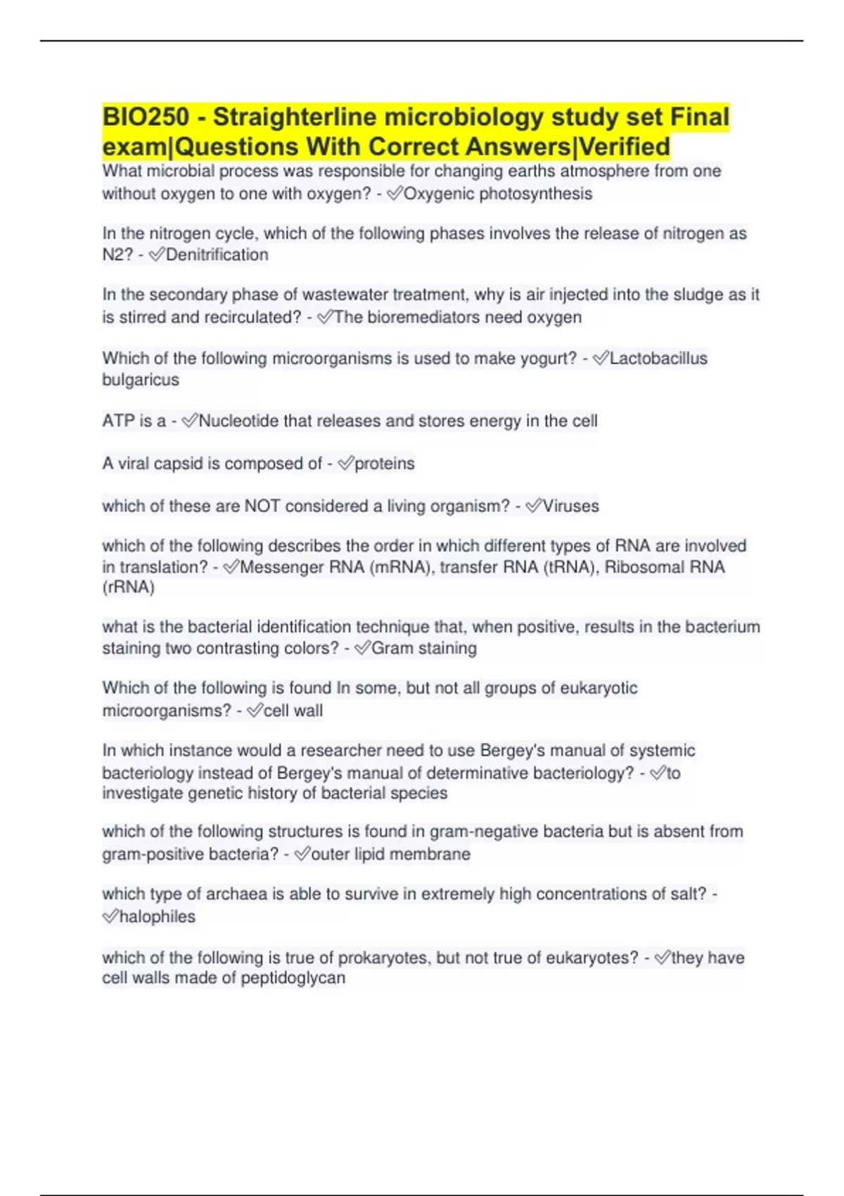 BIO250 - Straighterline microbiology study set Final exam|Questions ...