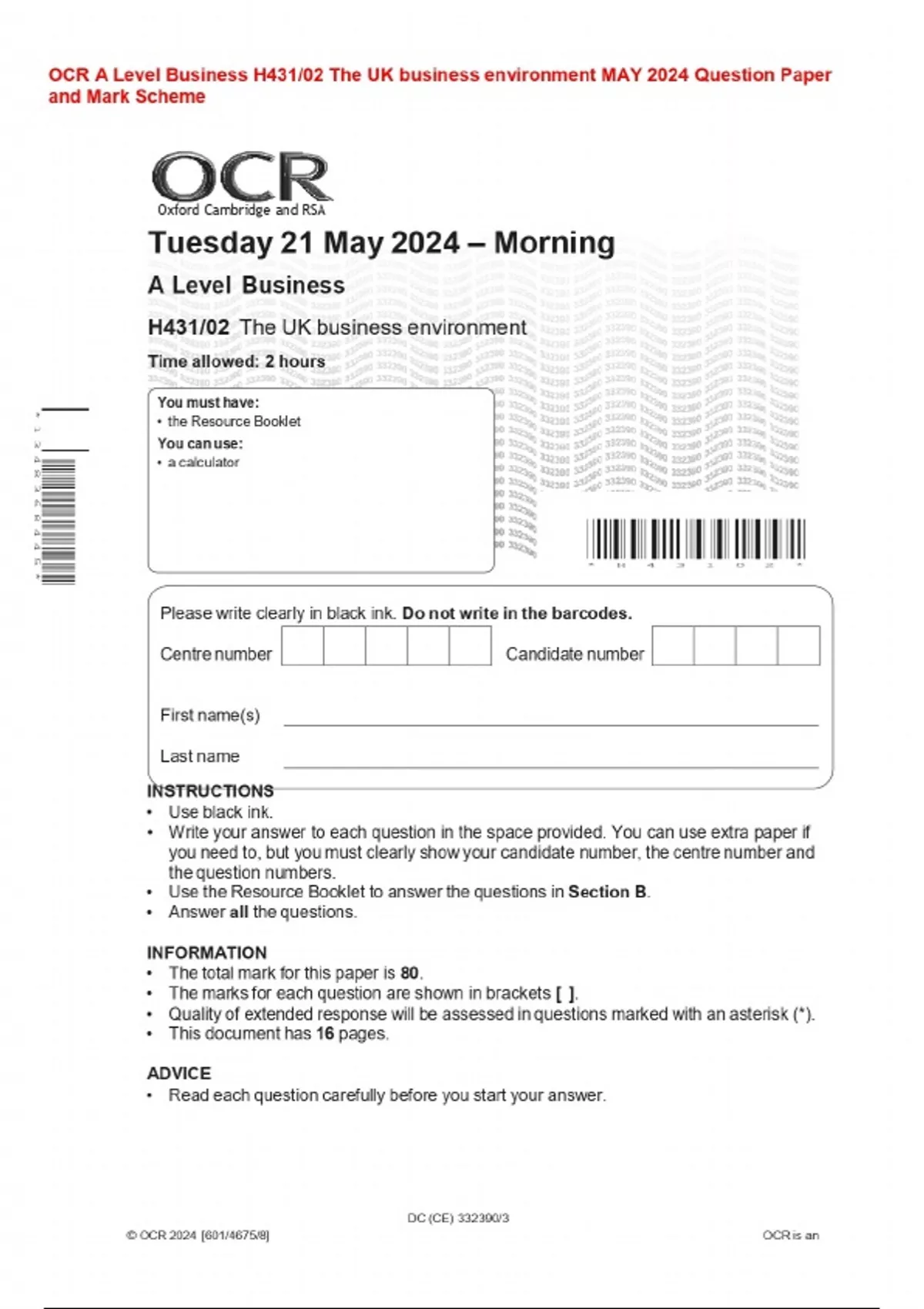 OCR A Level Business H431/02 The UK business environment MAY 2024 Question Paper and Mark Scheme ...