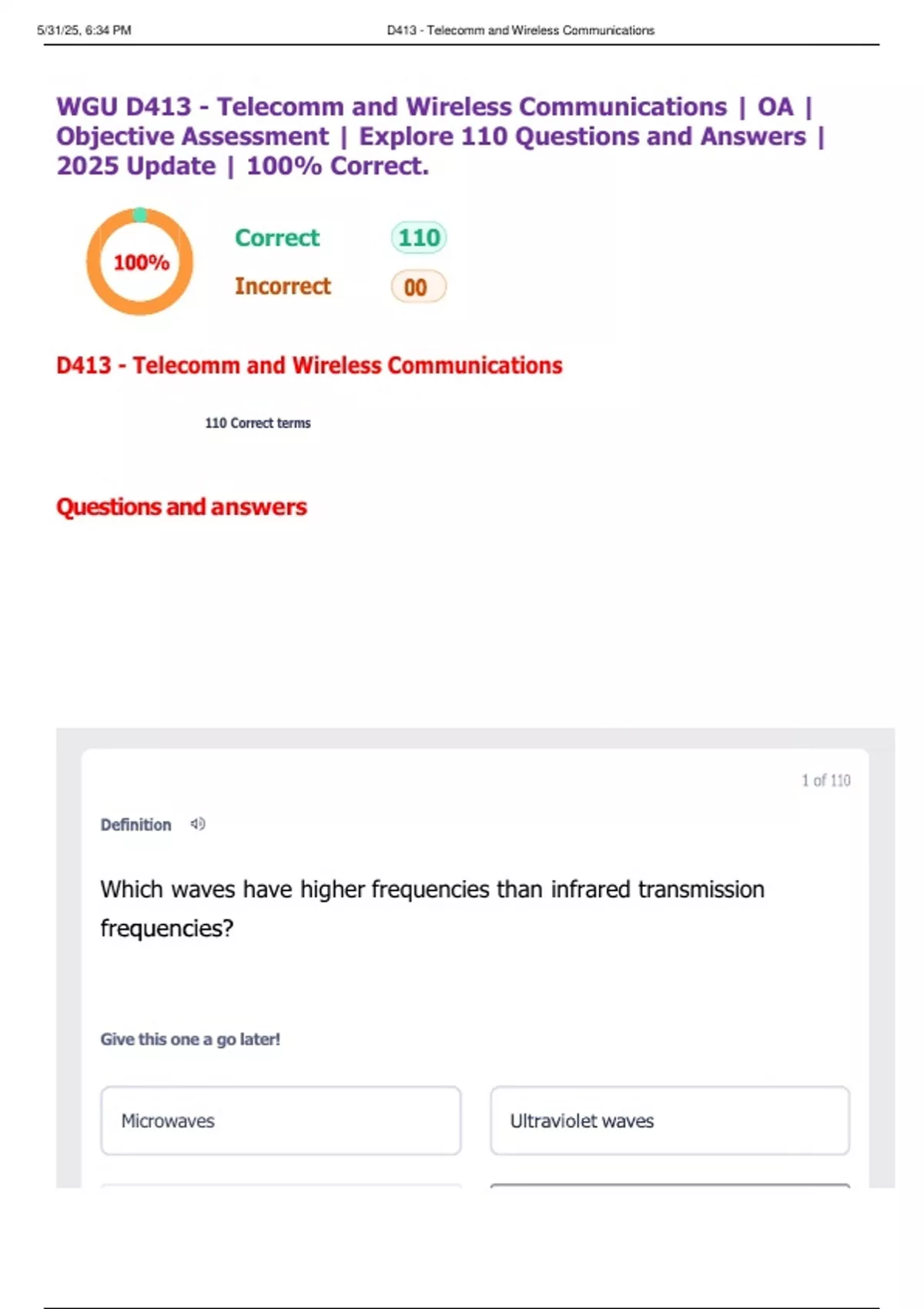 WGU D413 - Telecomm and Wireless Communications | OA | Objective Assessment | Explore 110 ...