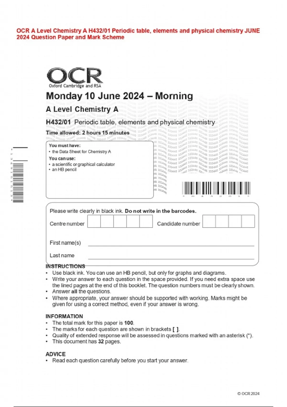 OCR A Level Chemistry A H432/01 Periodic table, elements and physical ...