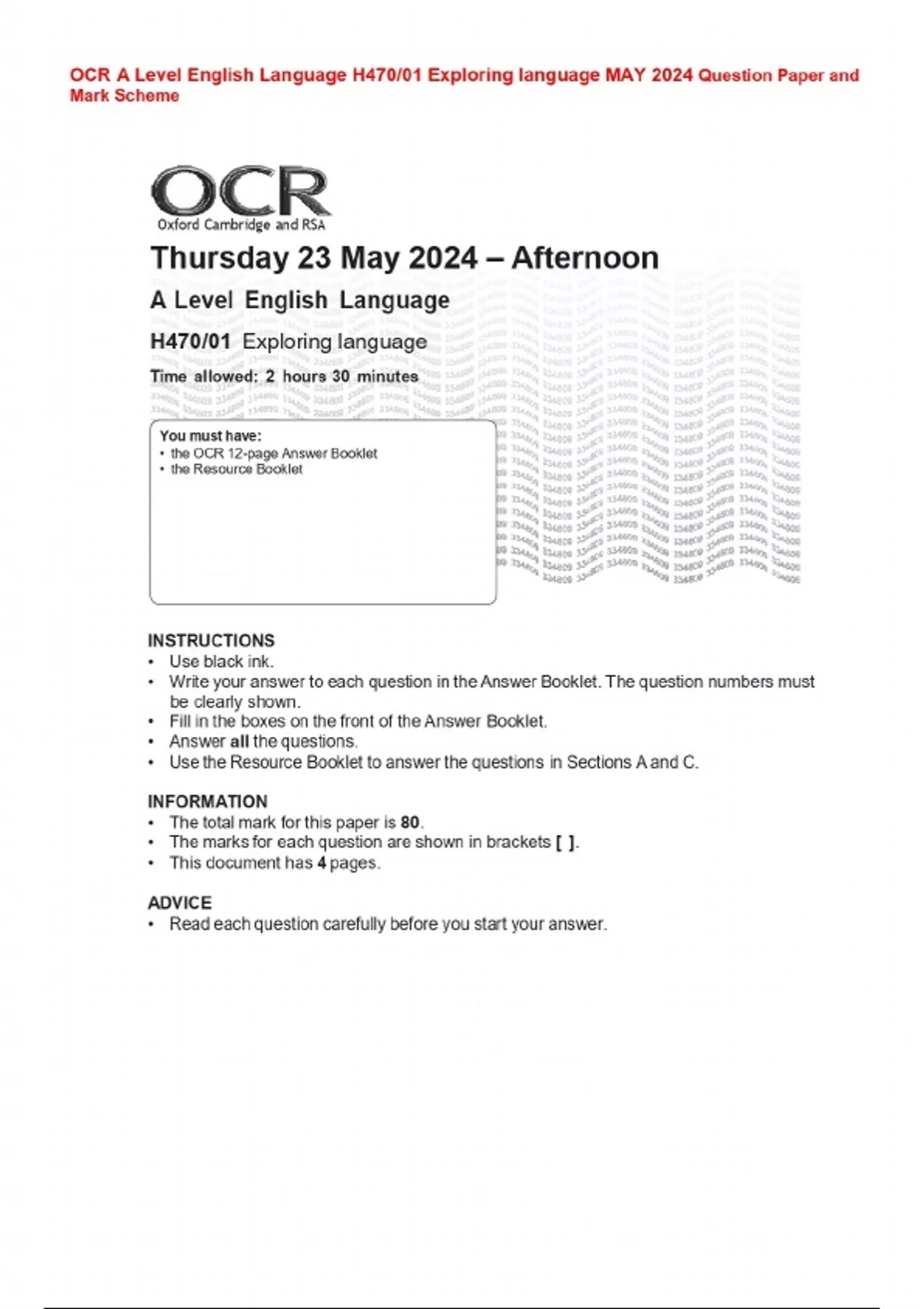 OCR A Level English Language H470/01 Exploring language MAY 2024 ...