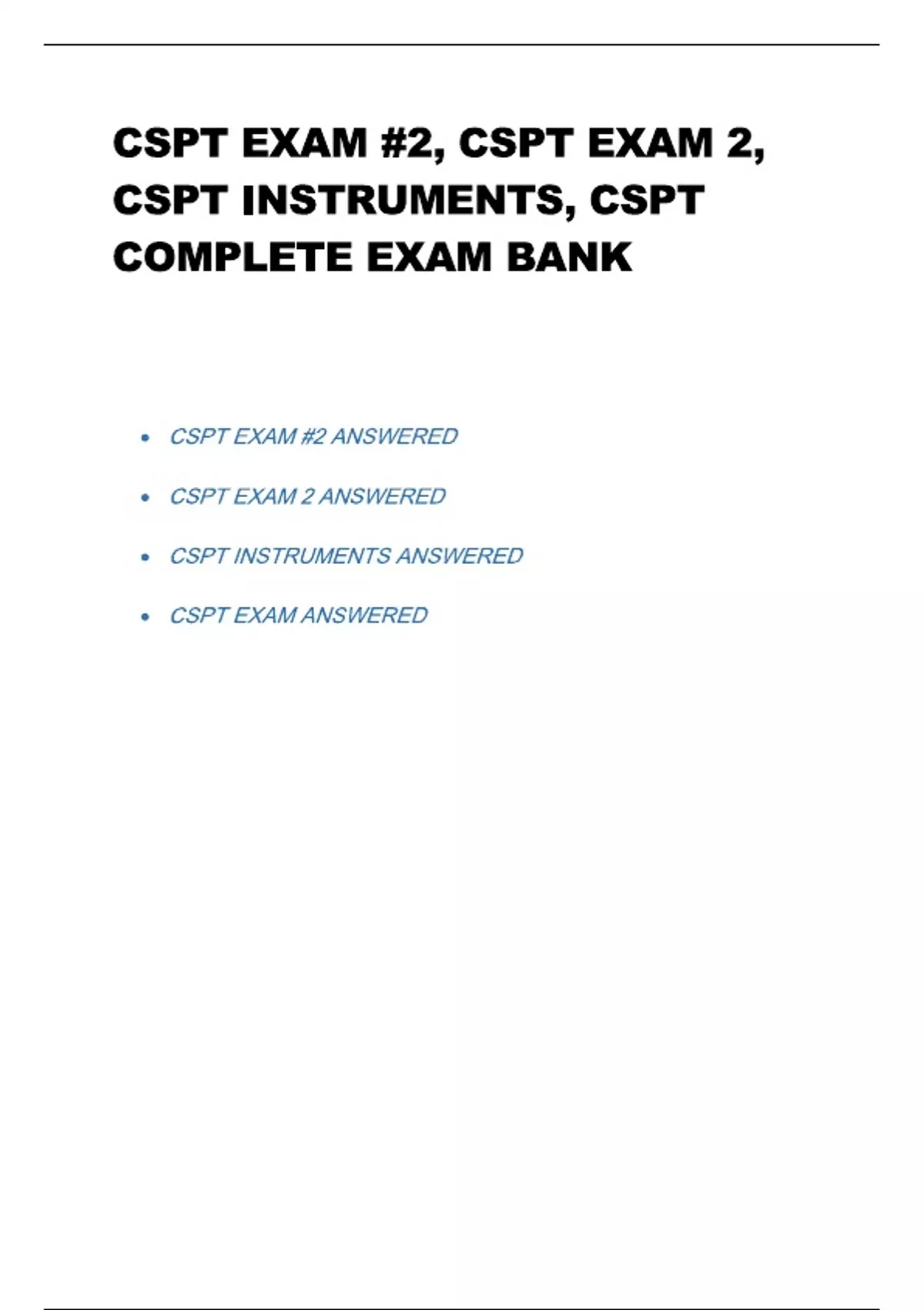 CSPT EXAM -2, CSPT EXAM 2, CSPT INSTRUMENTS, CSPT COMPLETE EXAM BANK - CSPT - Stuvia US