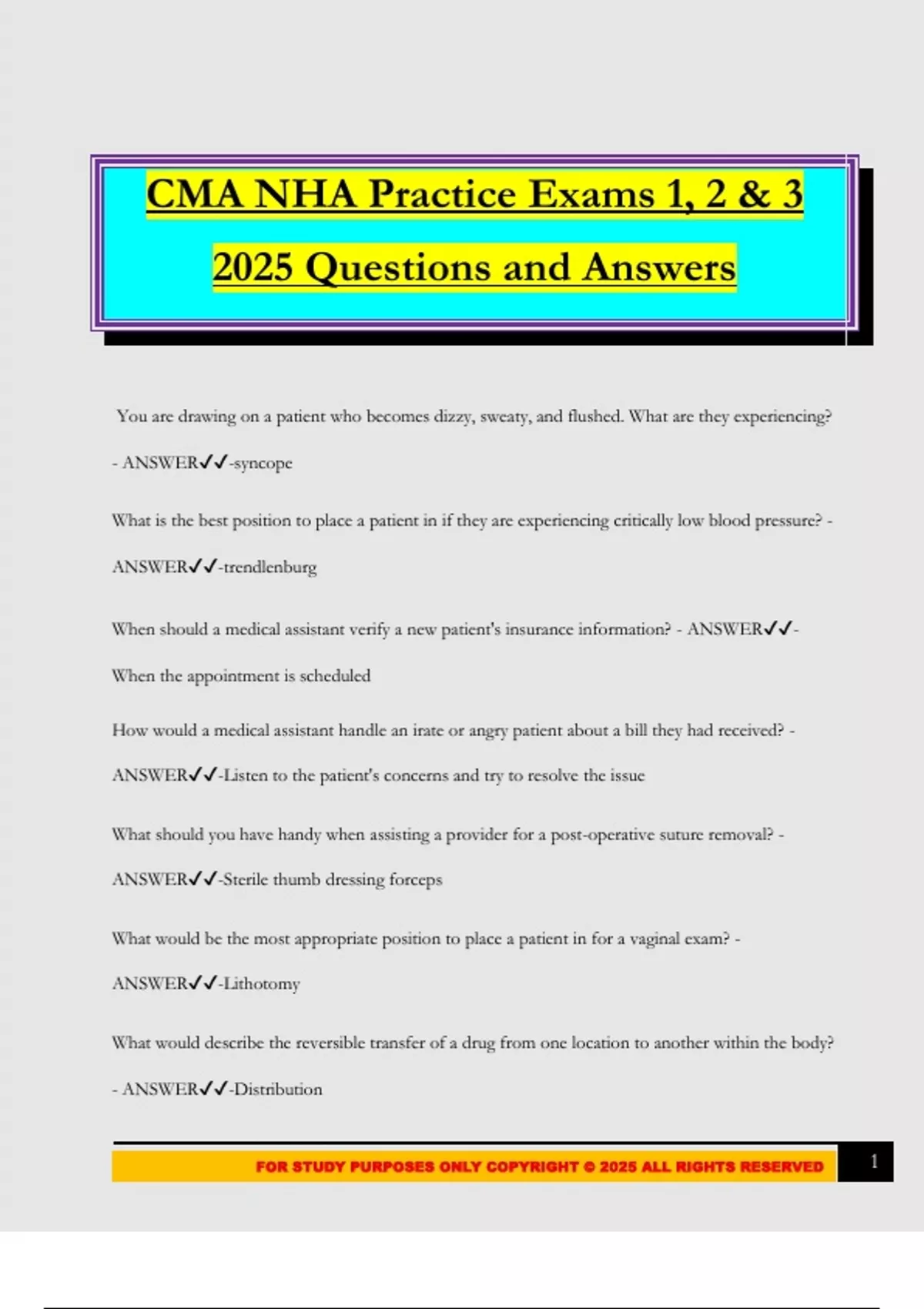 CMA NHA Practice Exams 1, 2 & 3 2025 Questions and Answers - Cma - Stuvia US