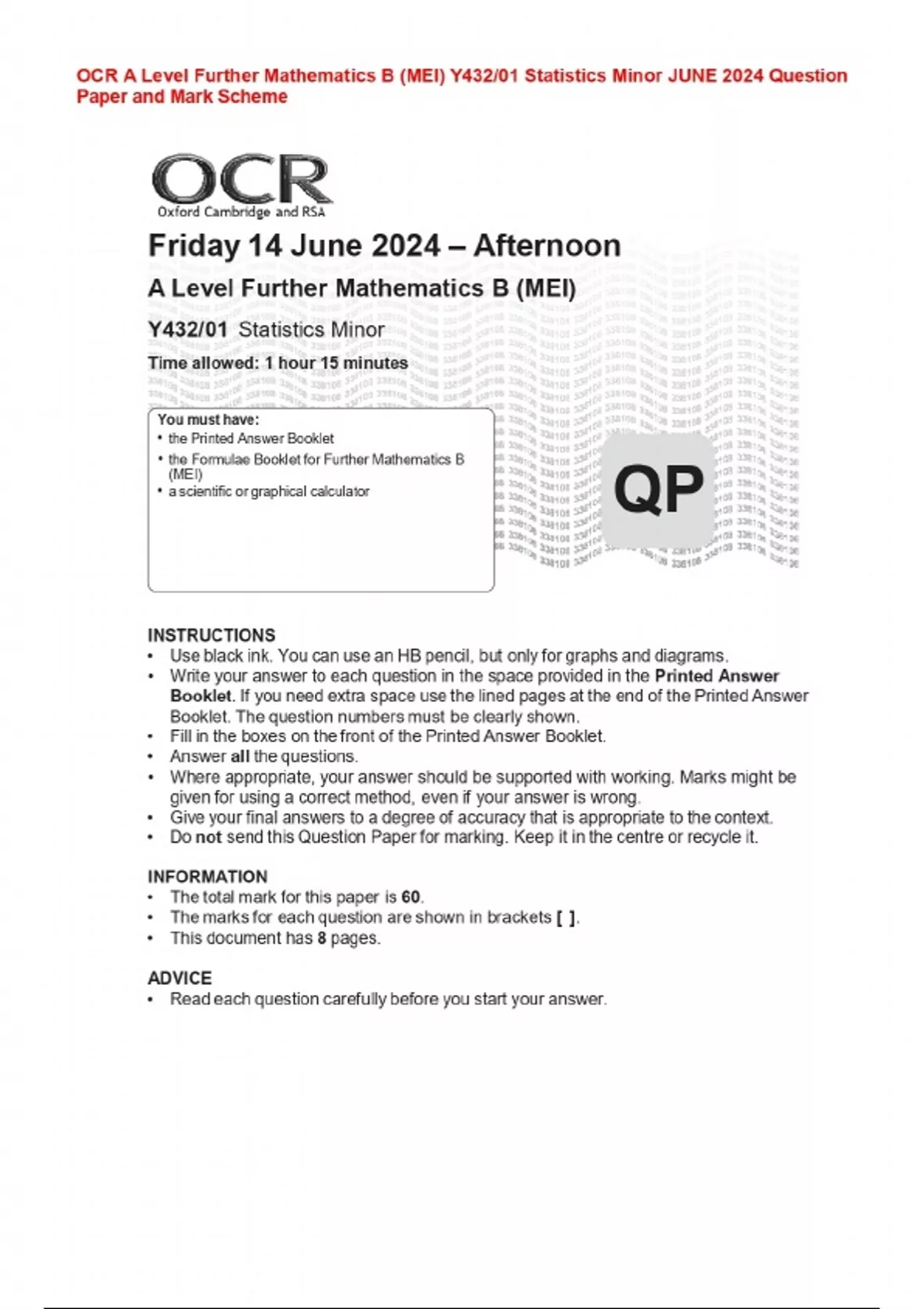 OCR A Level Further Mathematics B (MEI) Y432/01 Statistics Minor JUNE 2024 Question Paper and ...