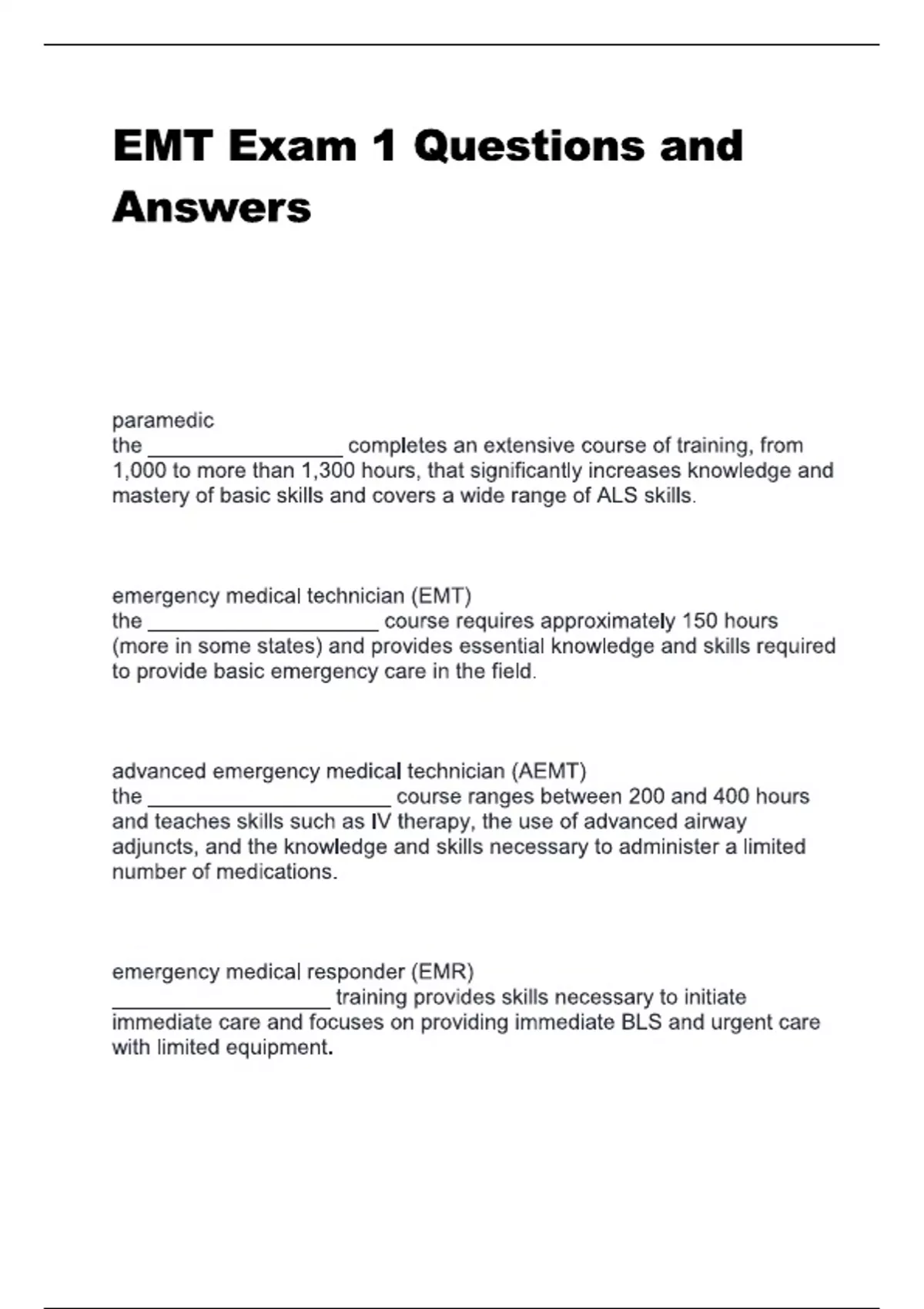 EMT Exam 1 Questions and Answers - EMT - Stuvia US