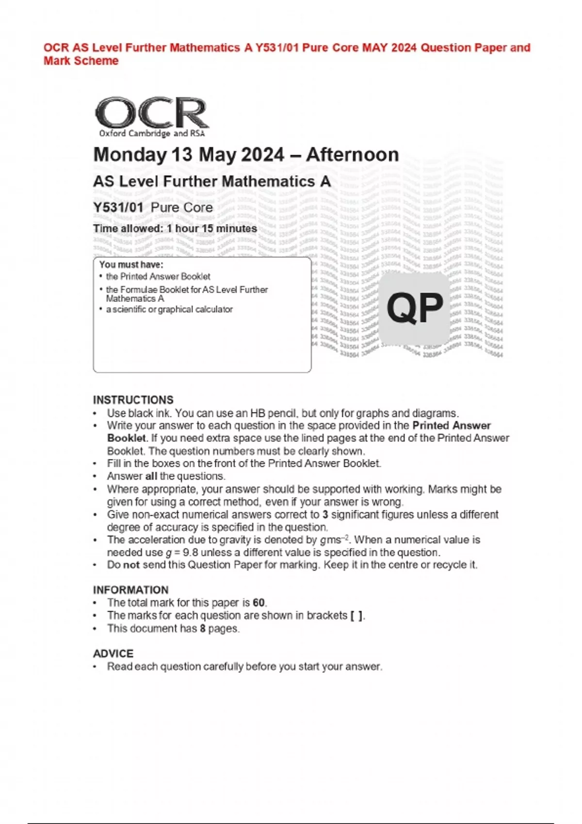OCR AS Level Further Mathematics A Y531/01 Pure Core MAY 2024 Question ...